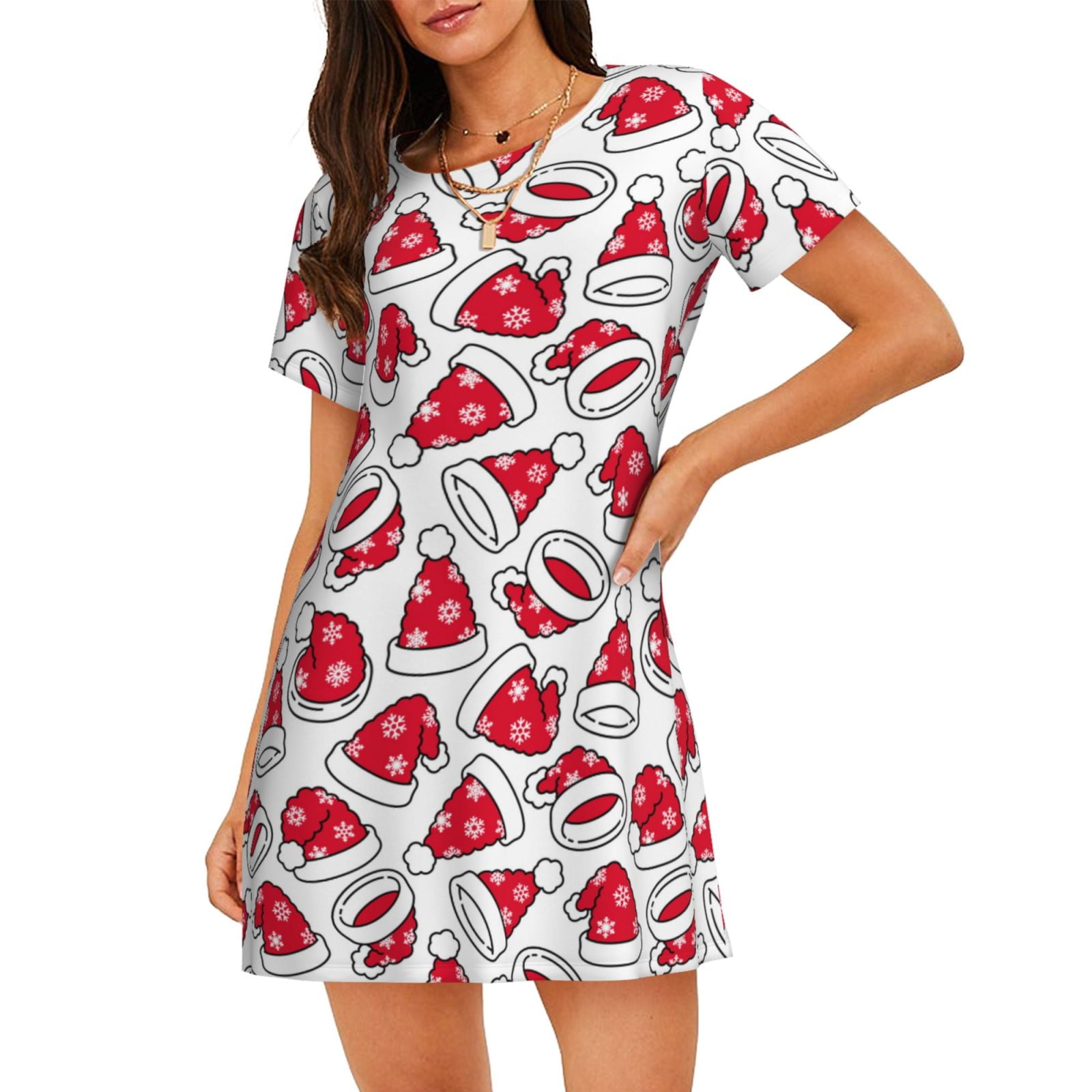 Bingfone Christmas Hat Nightgowns for Women Sleep Shirts Short Sleeve ...