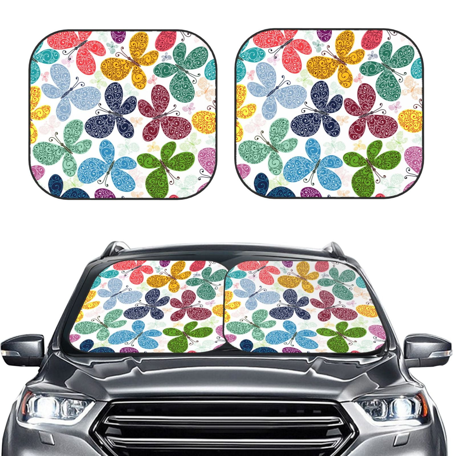 Bingfone Colorful Butterflies Windshield Sun Shade 2-Piece Foldable Car ...