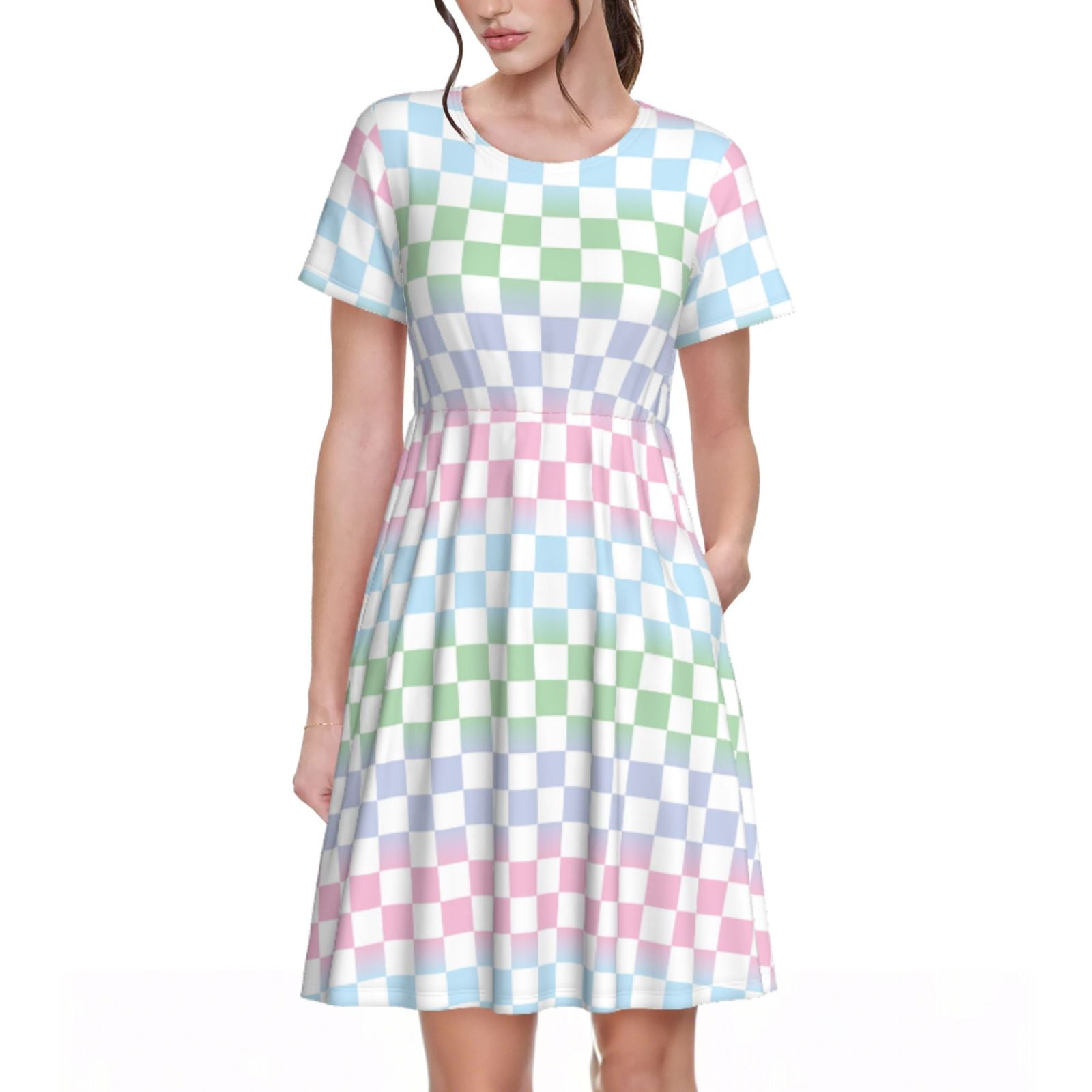 Bingfone Colorful Checkerboard Print Women’s Short Sleeve Dress ...