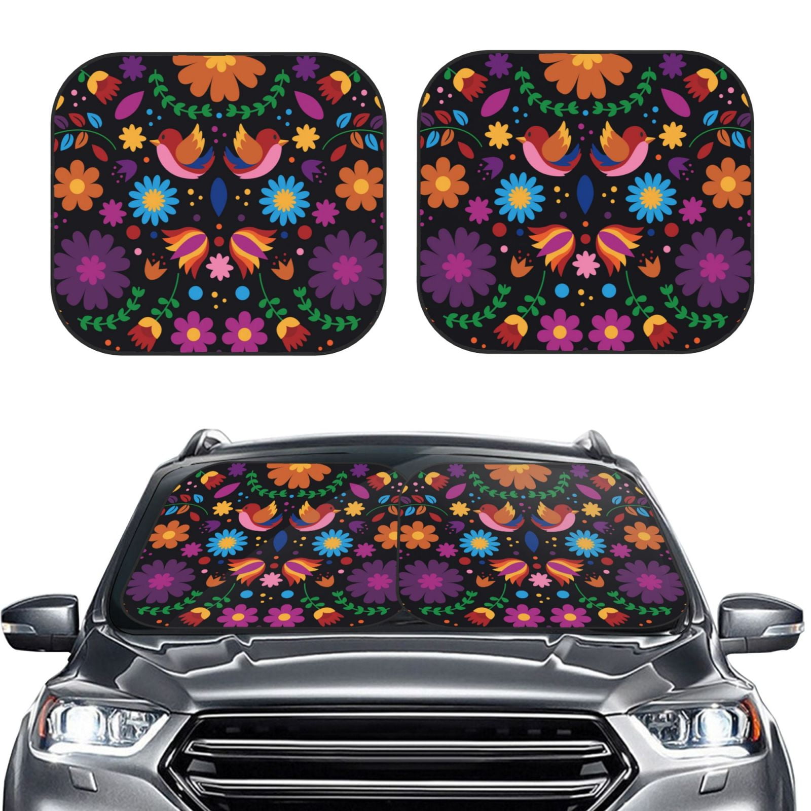Bingfone Colorful Floral2 Windshield Sun Shade 2-Piece Foldable Car ...