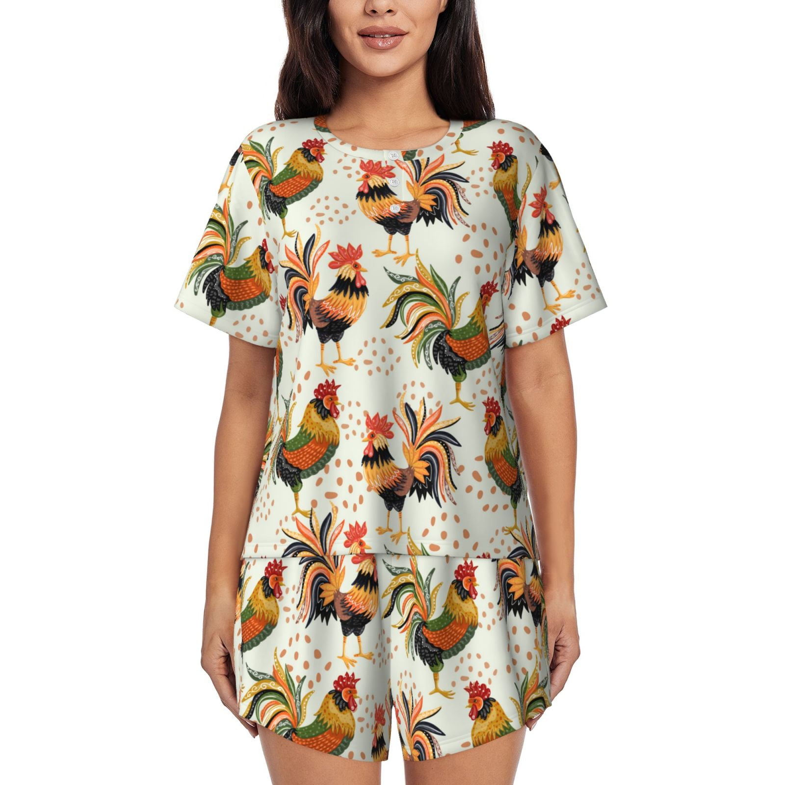 Bingfone Colorful Roosters Print Pajamas Sets for Women Soft Short ...
