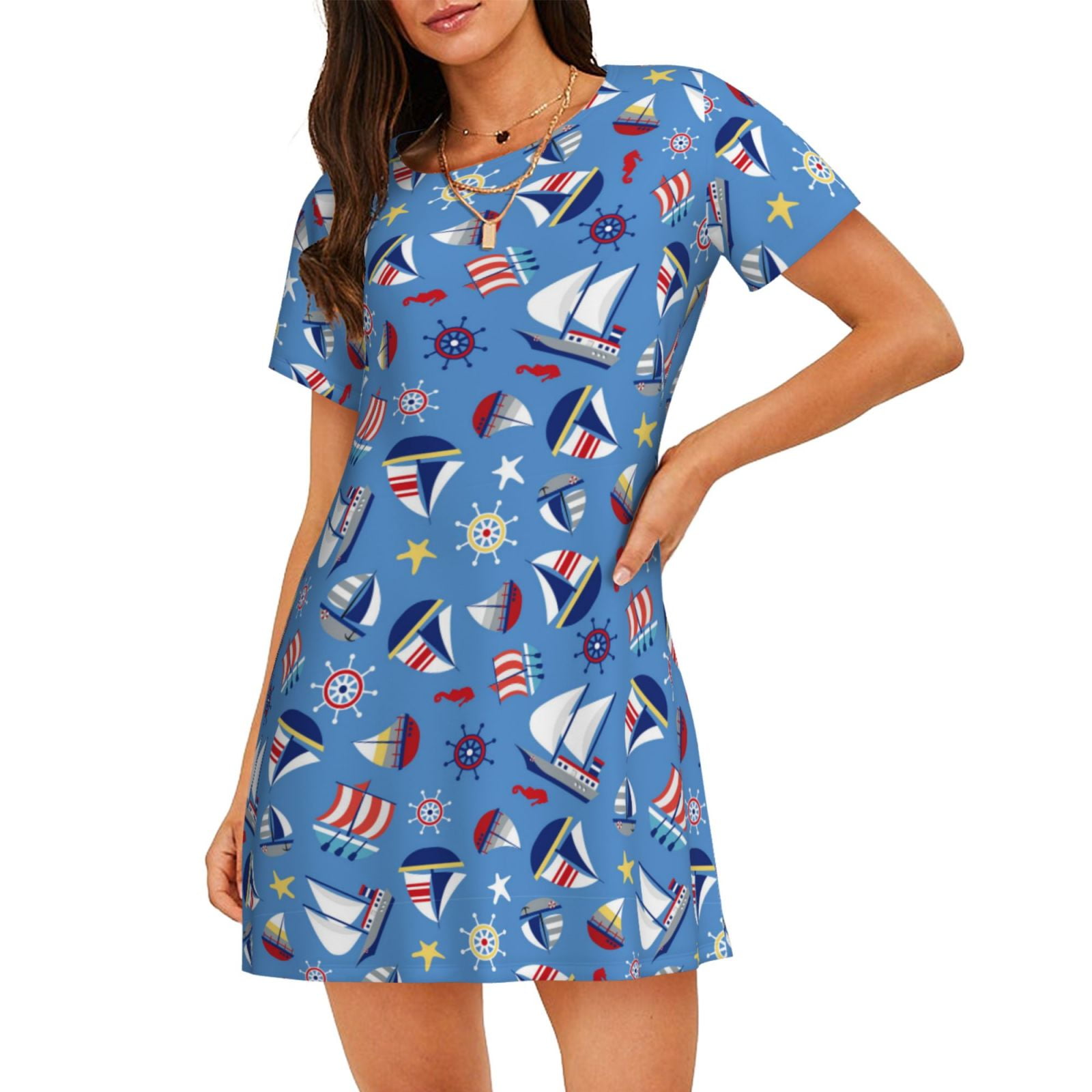 Bingfone Colorful Sailing Ship Nightgowns for Women Sleep Shirts Short ...