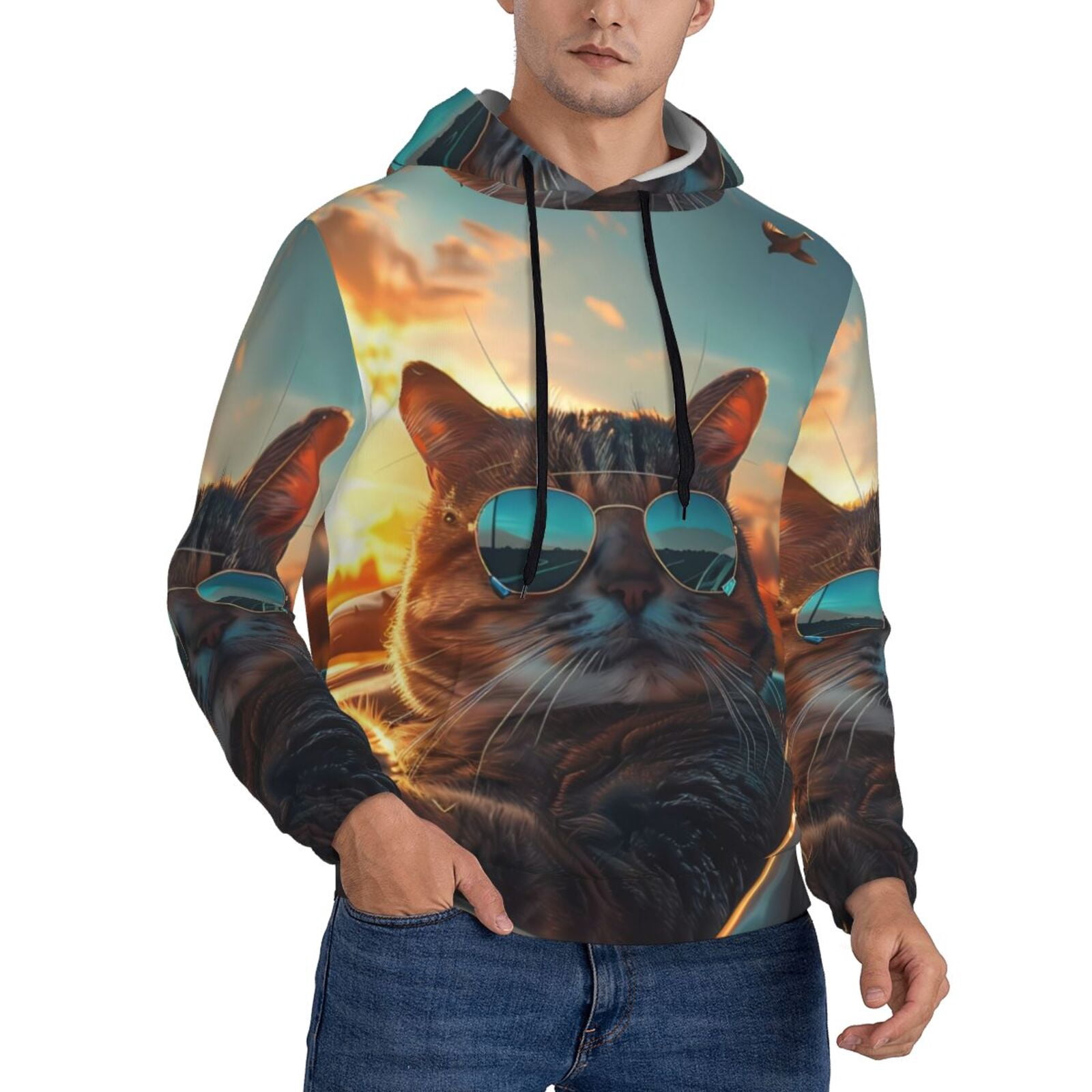 Bingfone Cool Cat Driving Sunset Men's Drawstring Hoodie Long Sleeve ...