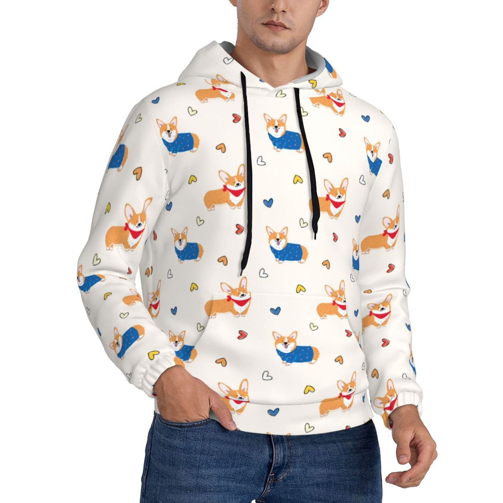 Bingfone Corgi Dog And Heart Men's Drawstring Hoodie Long Sleeve Pocket ...