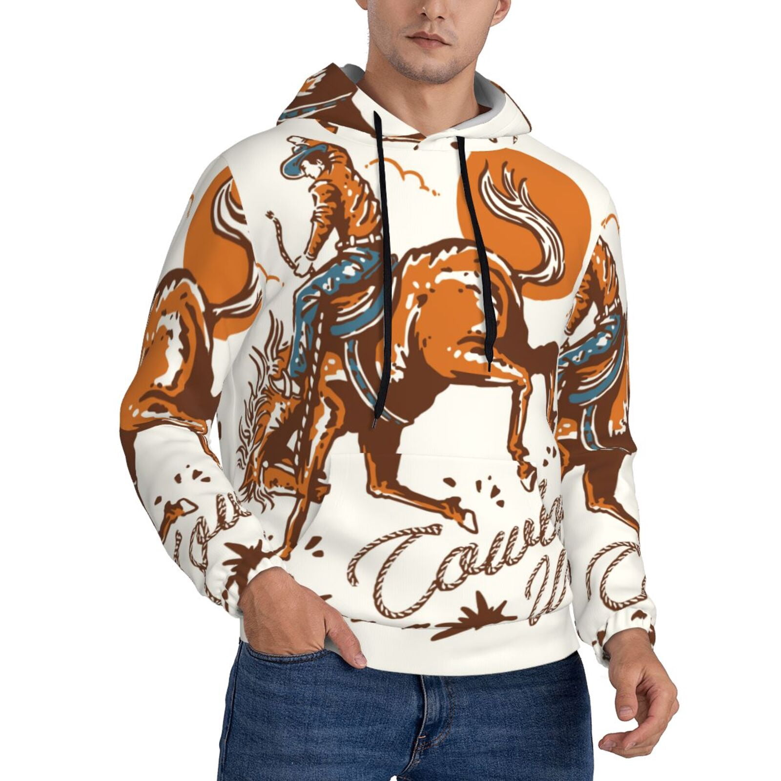 Bingfone Cowboy Riding Horse Men's Drawstring Hoodie Long Sleeve Pocket ...