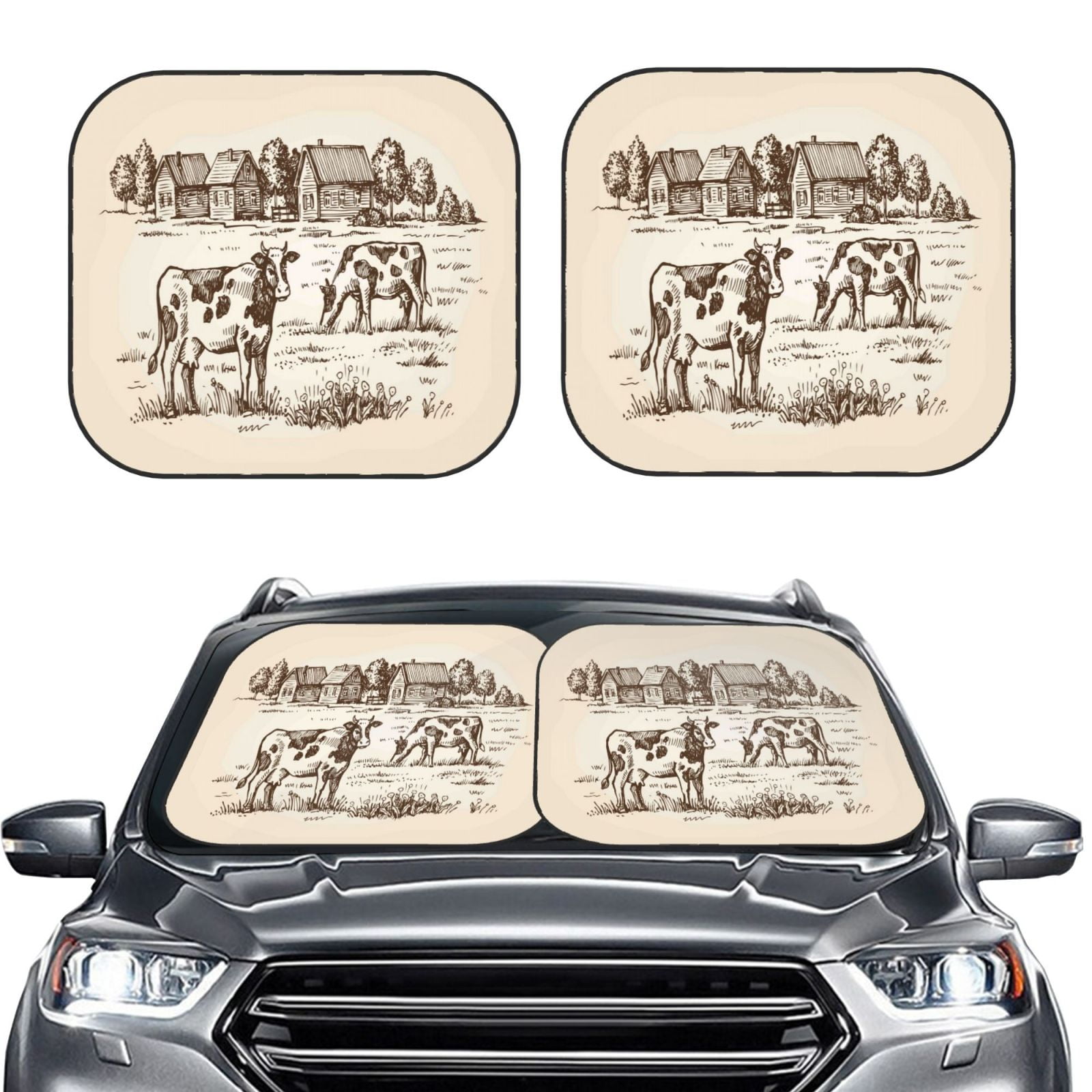 Bingfone Cows On The Farm Print 2-Piece Sun Shade Front Windshield ...