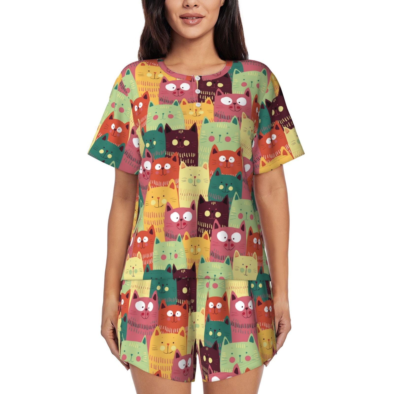 Bingfone Cute Cartoon Cat Print Pajamas Sets for Women Soft Short ...