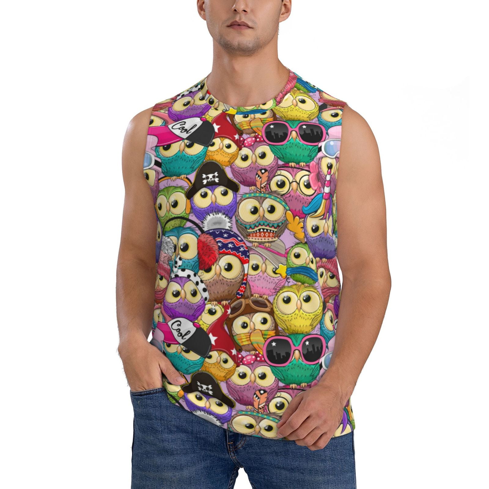 Bingfone Cute Cartoon Owls Pattern Men's Tank Tops Workout Sleeveless ...