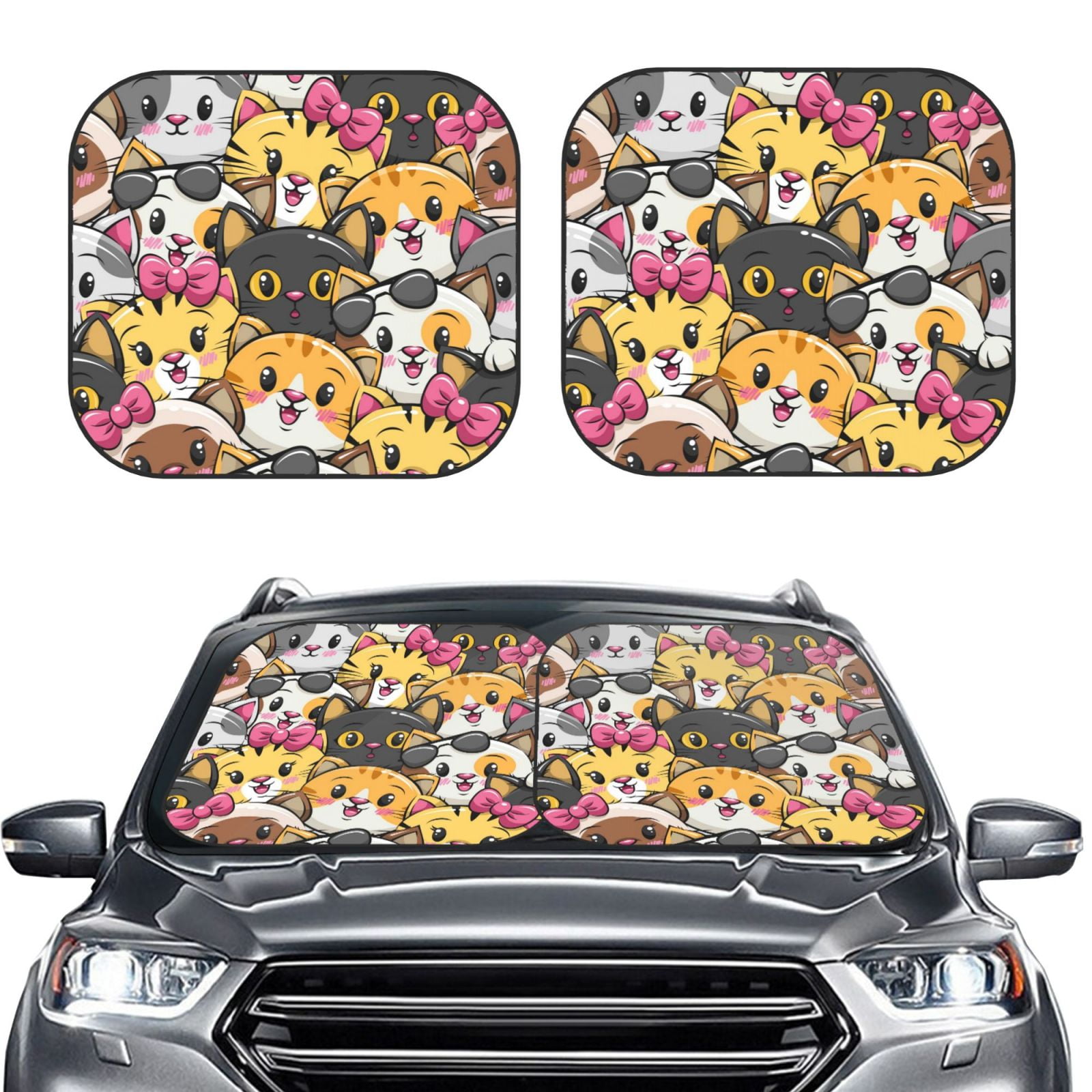 Bingfone Cute Cat Cartoon Print 2-Piece Sun Shade Front Windshield ...