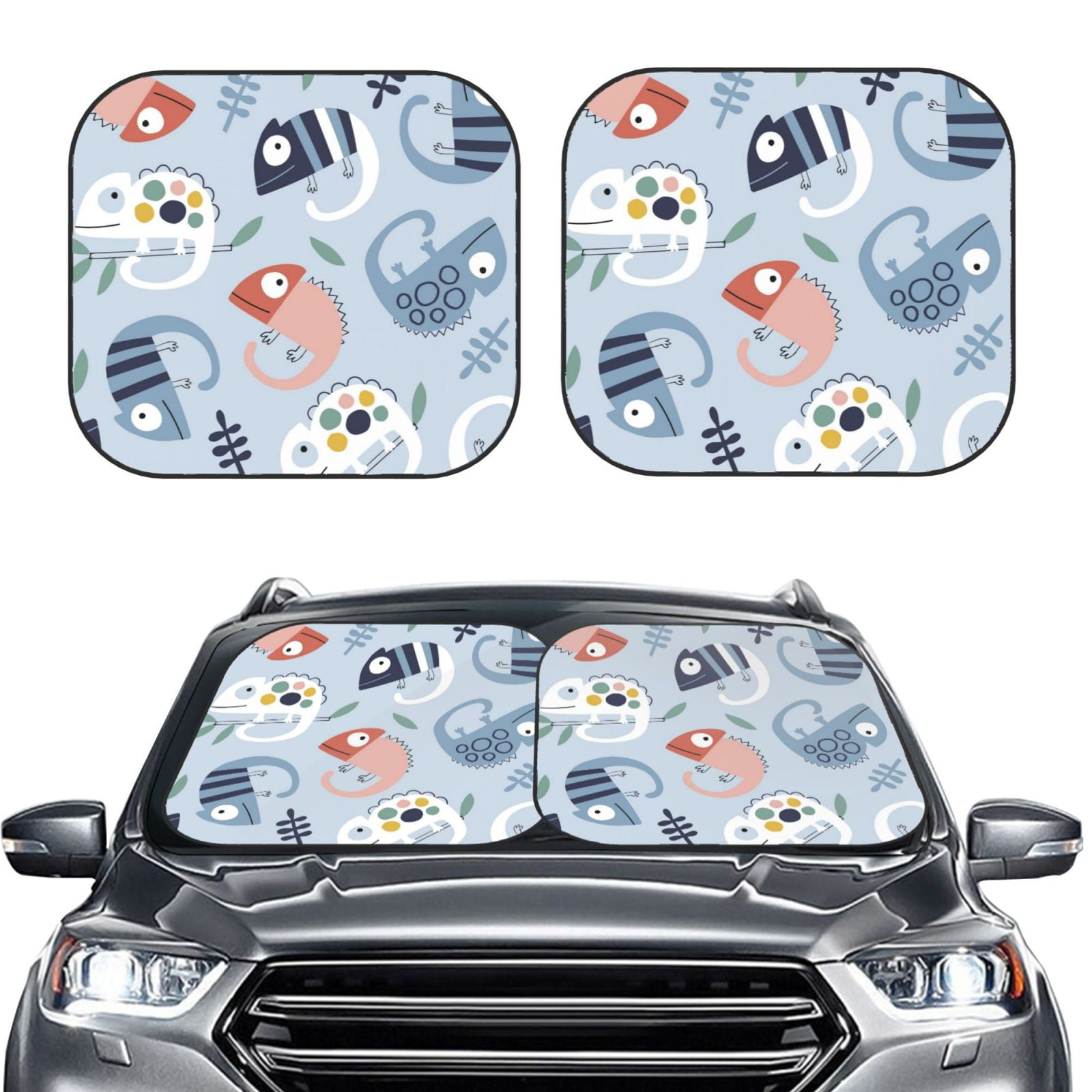 Bingfone Cute Chameleons On Blue Print 2-Piece Sun Shade Front ...