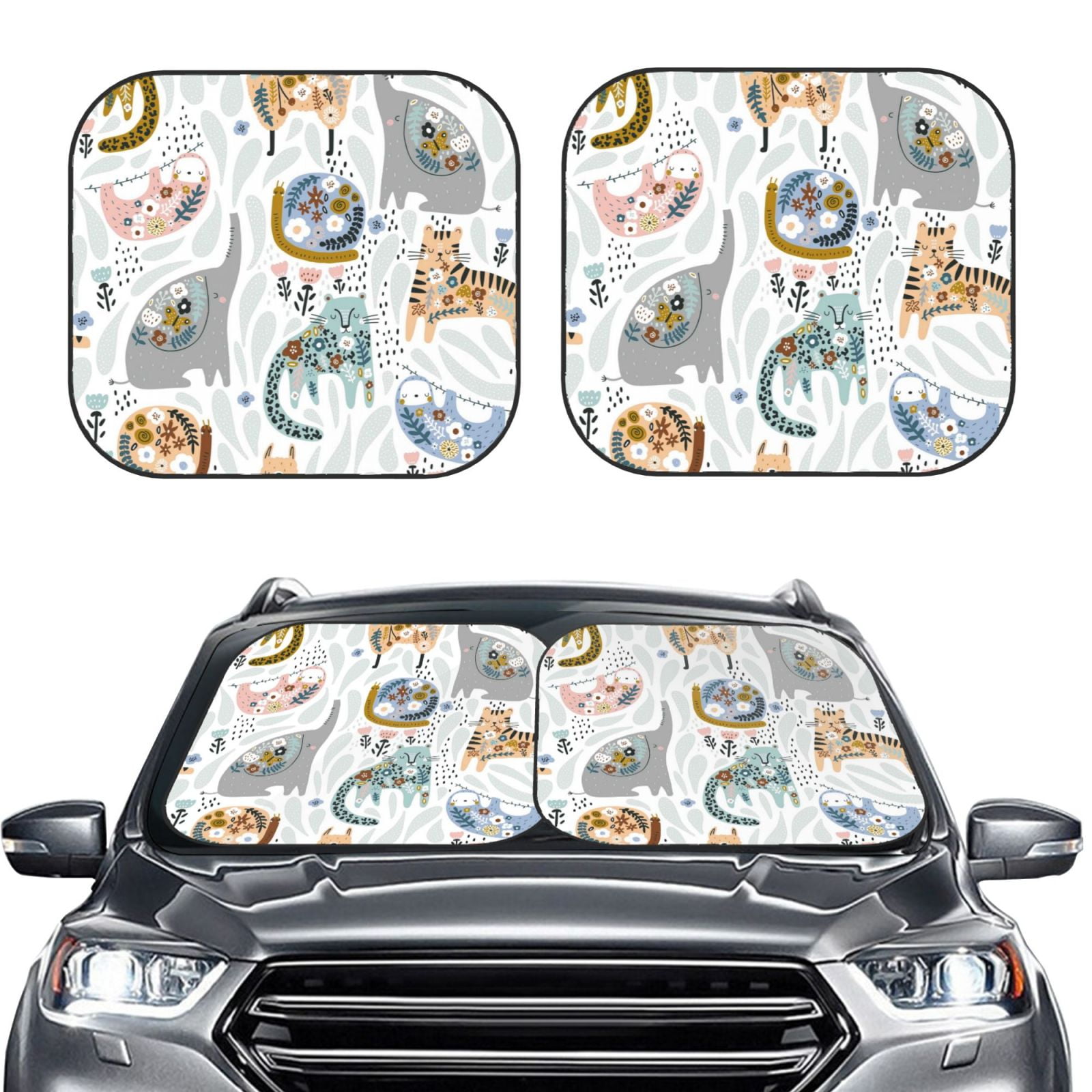 Bingfone Cute Colorful Animal Print 2-Piece Sun Shade Front Windshield ...