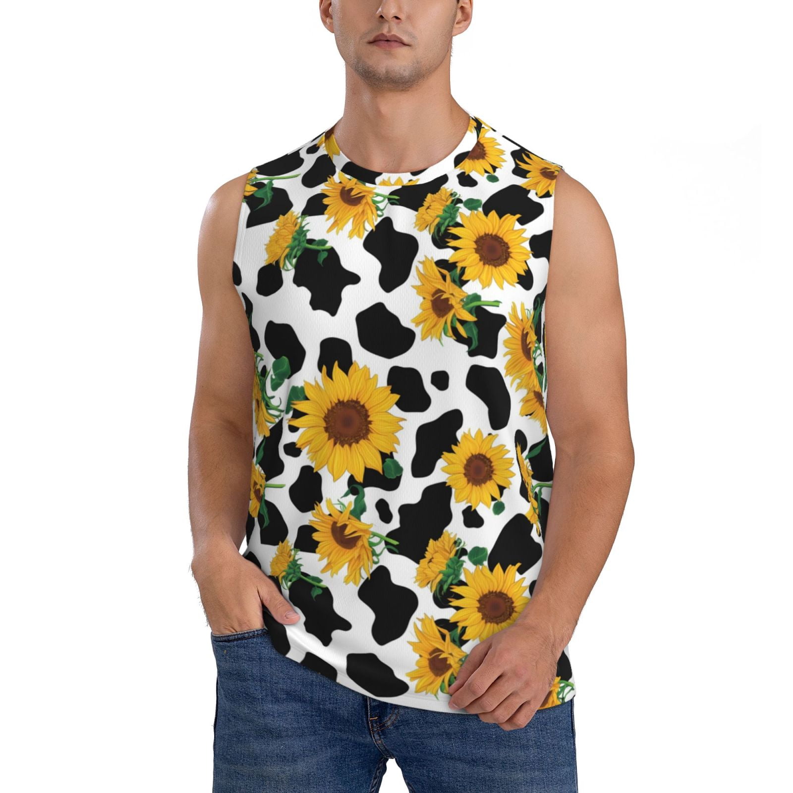Bingfone Cute Cow Print Sunflower A Pattern Men's Tank Tops Workout ...