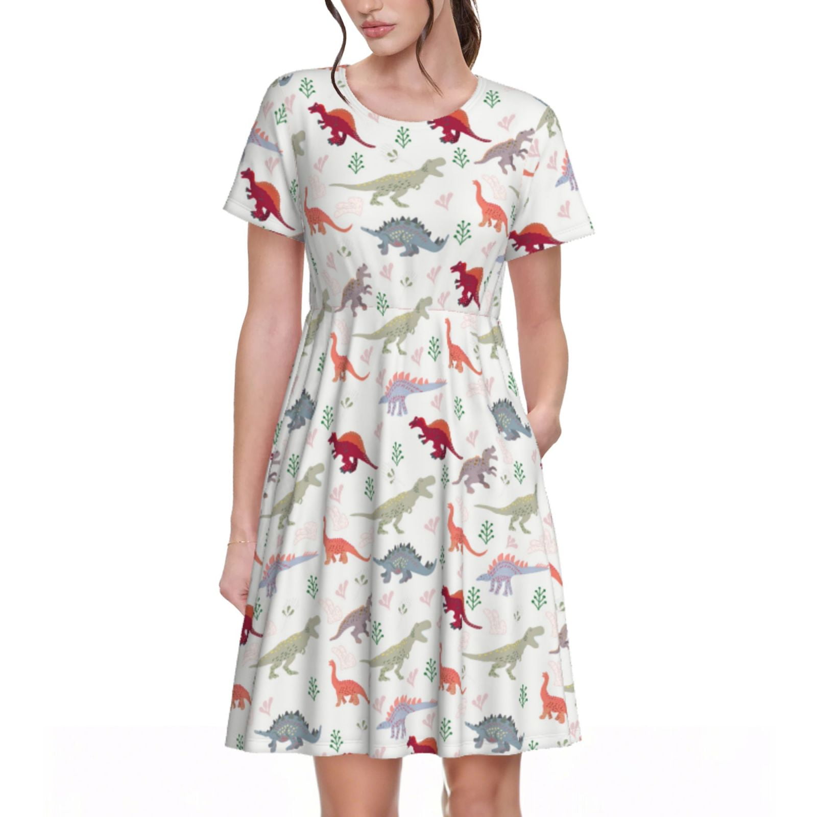 Bingfone Cute Dinosaur Print Women’s Short Sleeve Dress, Comfortable ...