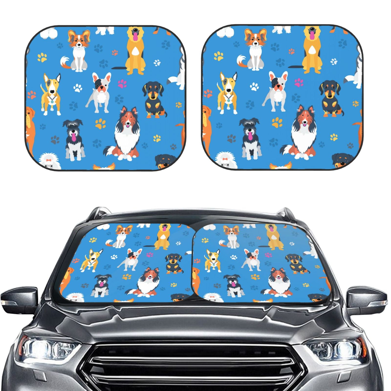 Bingfone Cute Dogs Print 2-Piece Sun Shade Front Windshield - Foldable ...