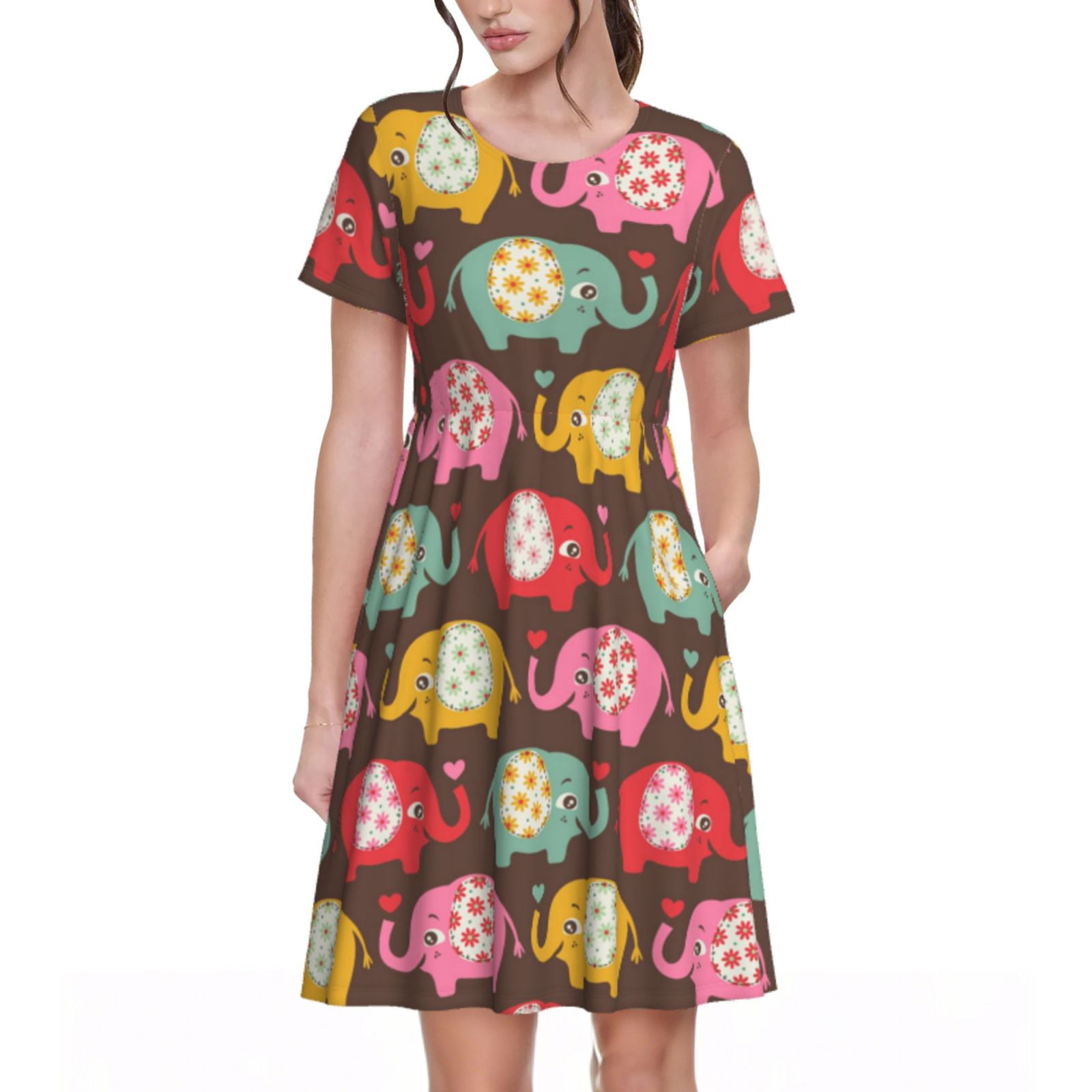 Bingfone Cute Elephants Print Women’s Short Sleeve Dress, Comfortable ...