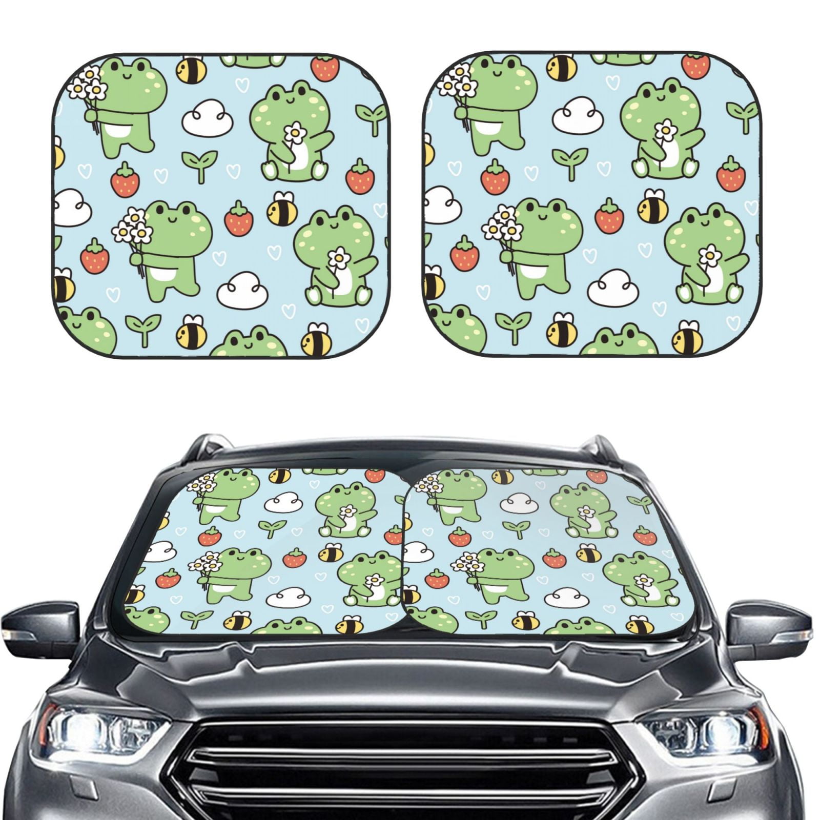 Bingfone Cute Floral Frog Windshield Sun Shade 2-Piece Foldable Car ...