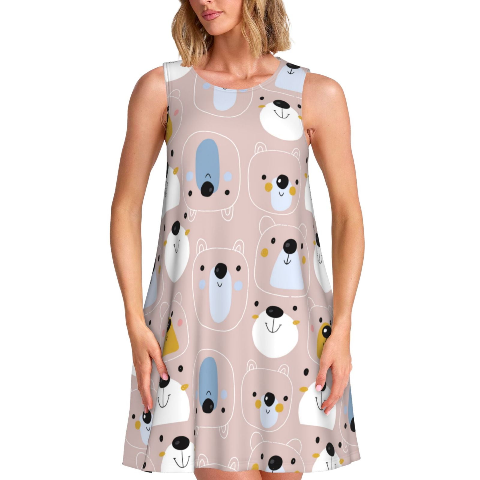 Bingfone Cute Hand Drawn Bear Print Women's Sleeveless Dress, Loose Fit ...