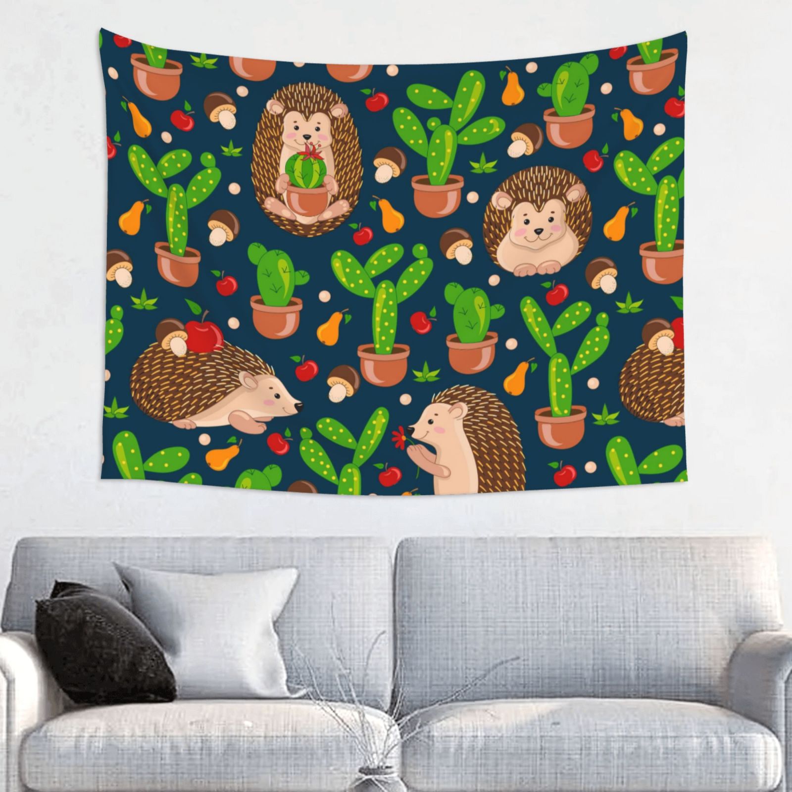 Bingfone Cute Hedgehogs Cactus Blue Tapestry Wall Hanging Decor For ...