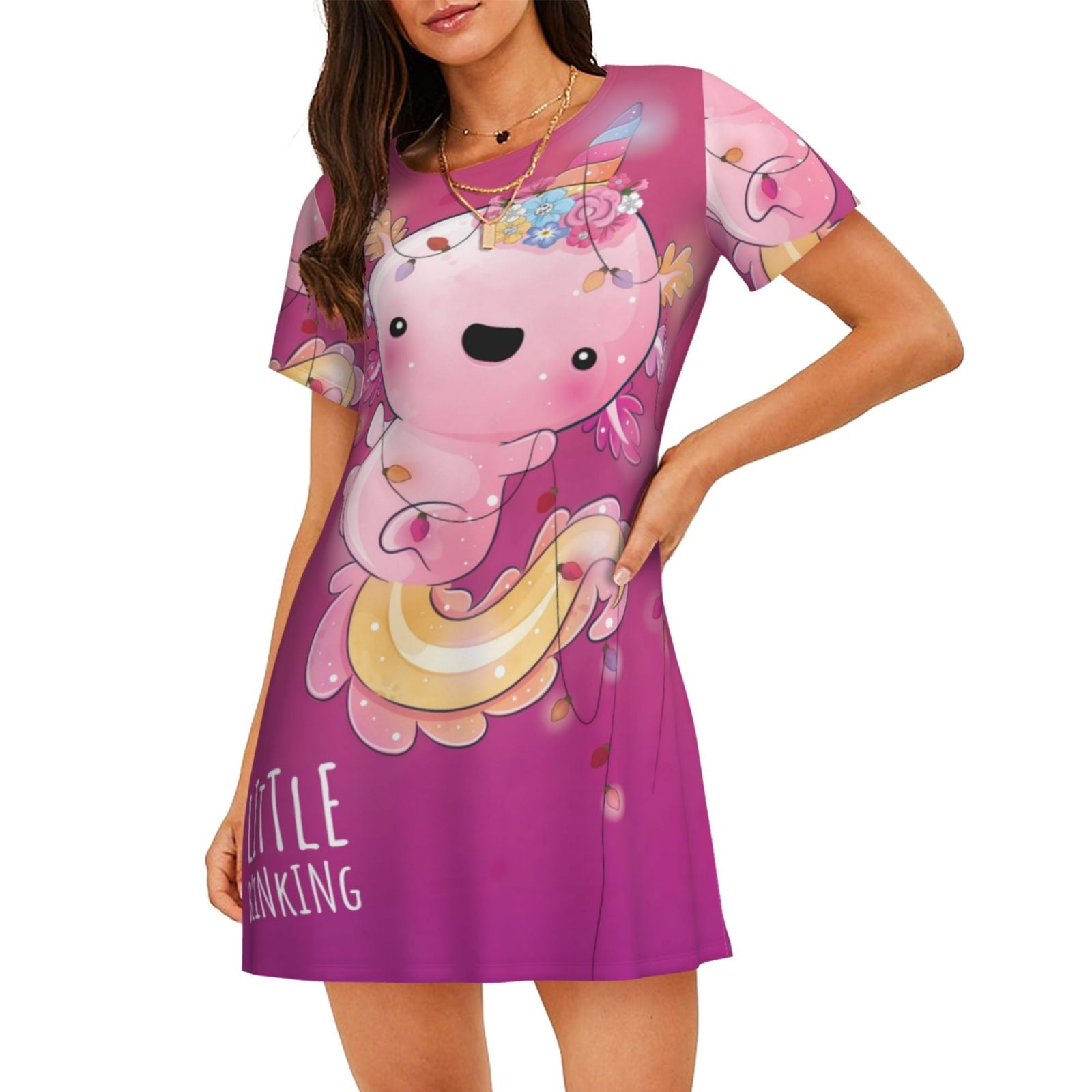 Bingfone Cute Pink Axolotl A Nightgowns for Women Sleep Shirts Short ...