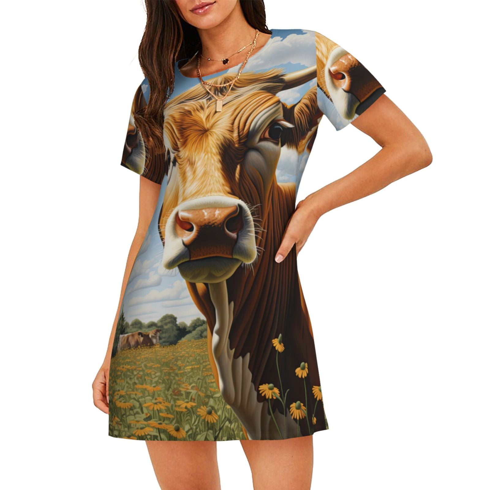 Bingfone Daisy Flower Field Cow Nightgowns for Women Sleep Shirts Short ...