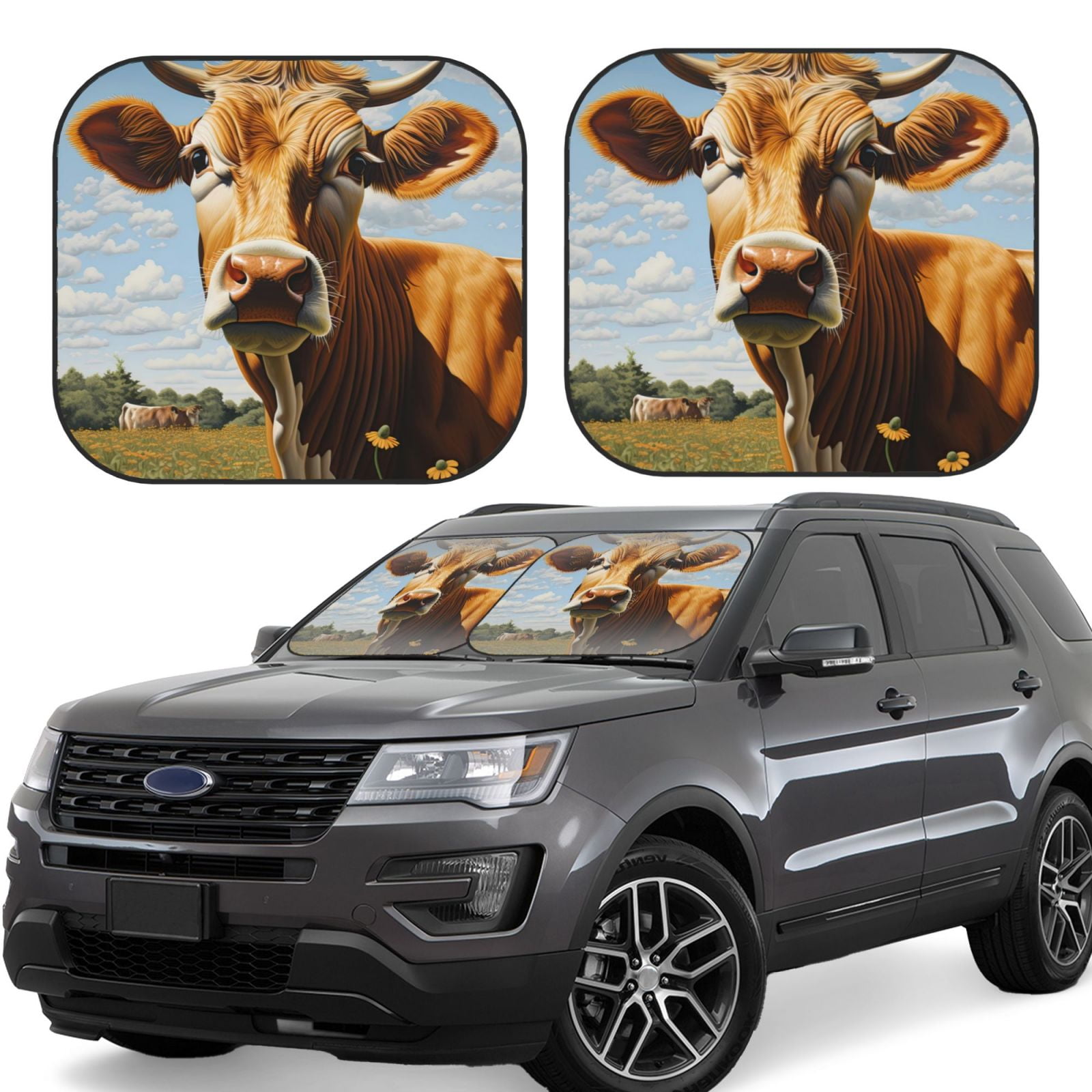 Bingfone Daisy Flower Field Cow Windshield Sun Shade 2-Piece Foldable ...