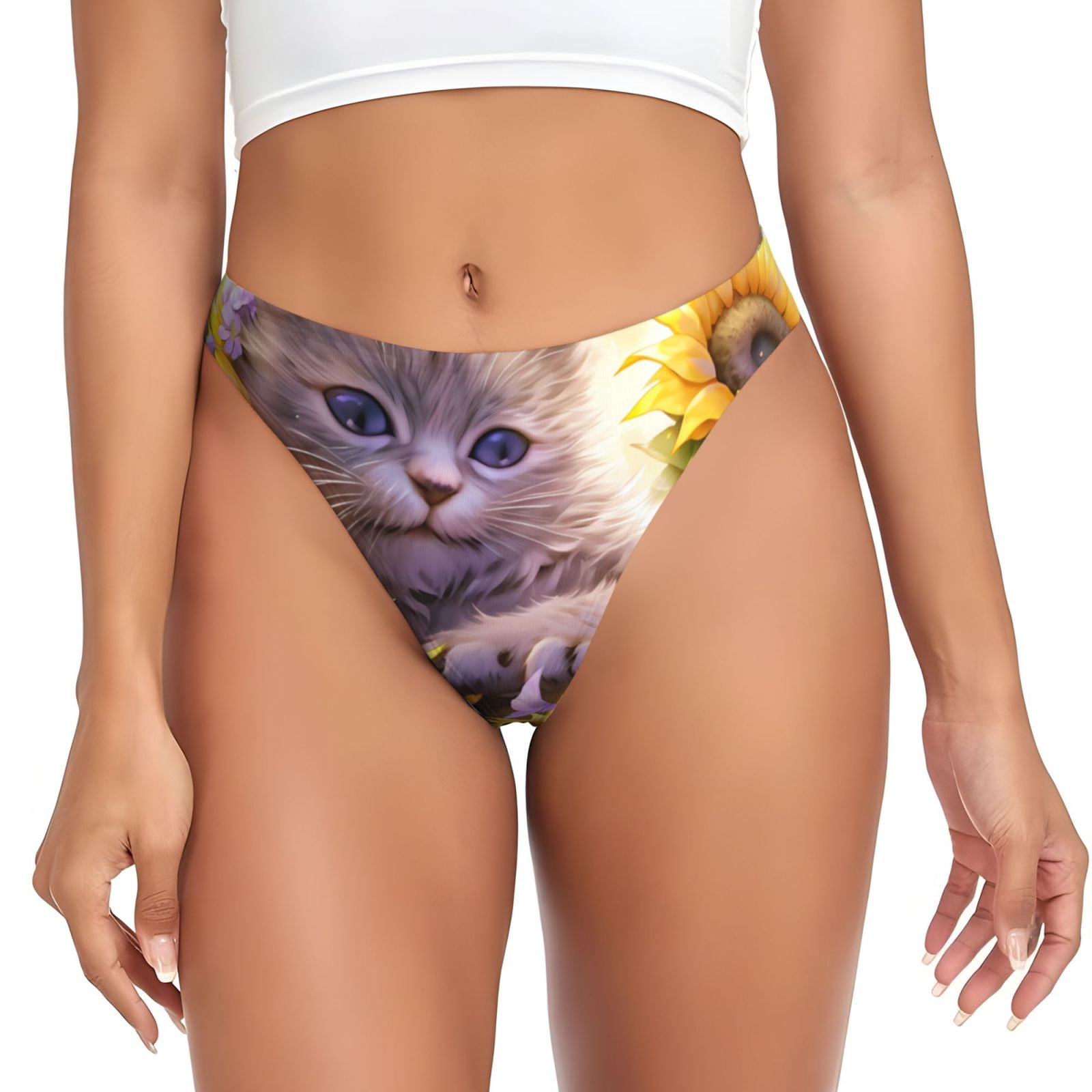 Bingfone Daisy Sunflower Lazy Cat Print Seamless Women Underwear Thongs,Low Rise Hipster G ...
