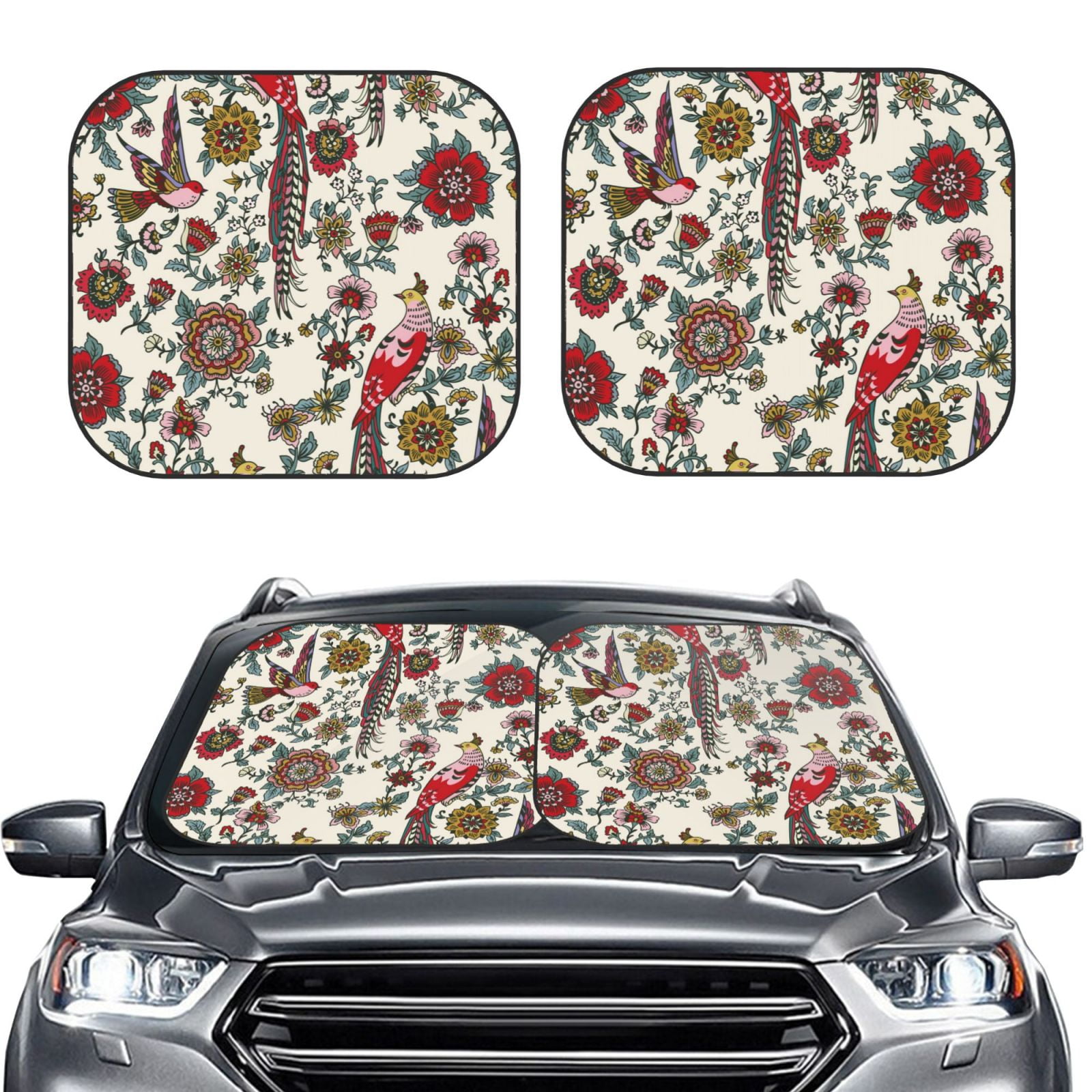 Bingfone Dark Enchanted Flowers And Birds Print 2-Piece Sun Shade Front ...