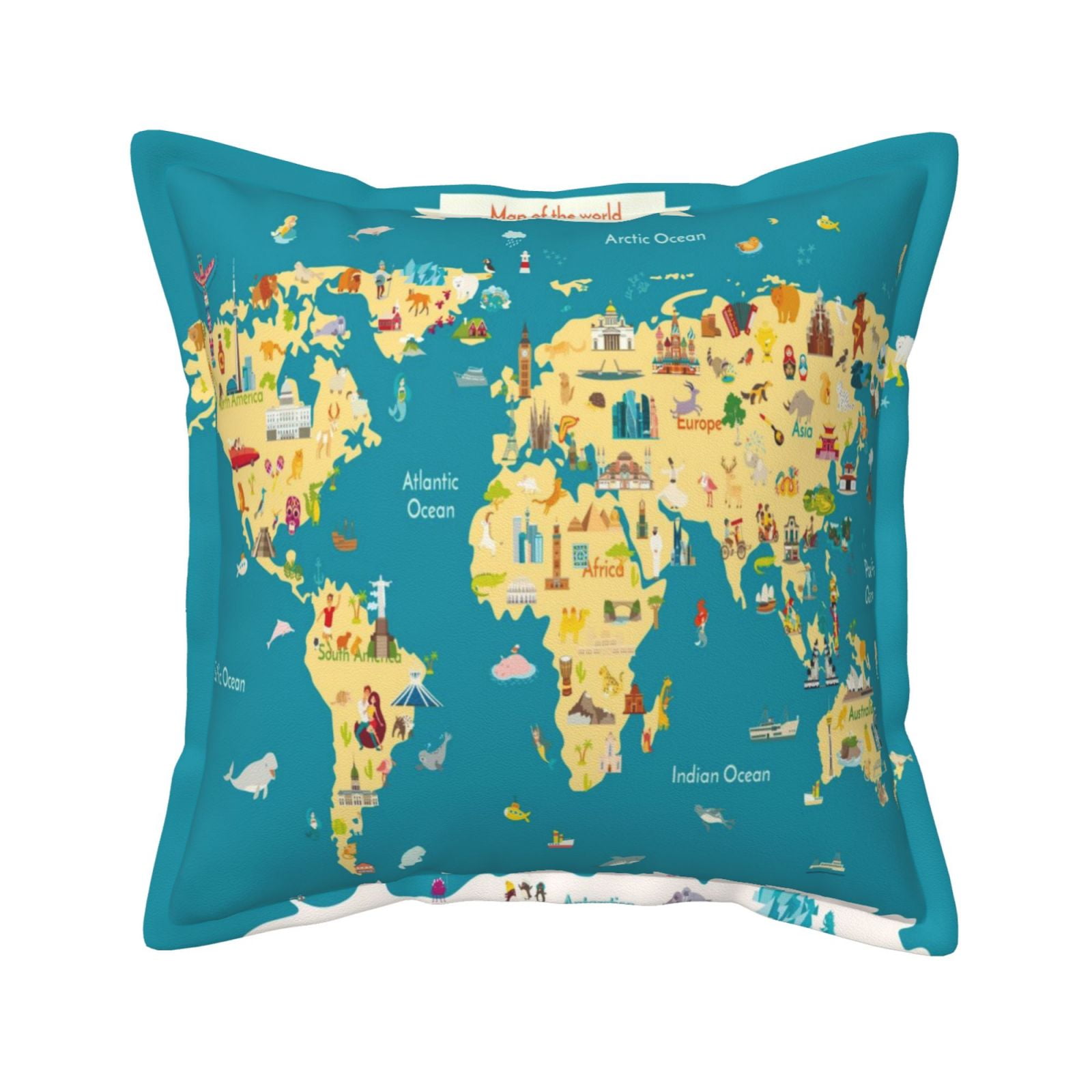 Bingfone Decorative Pillow Covers 16"X16" World Map With Landmarks ...