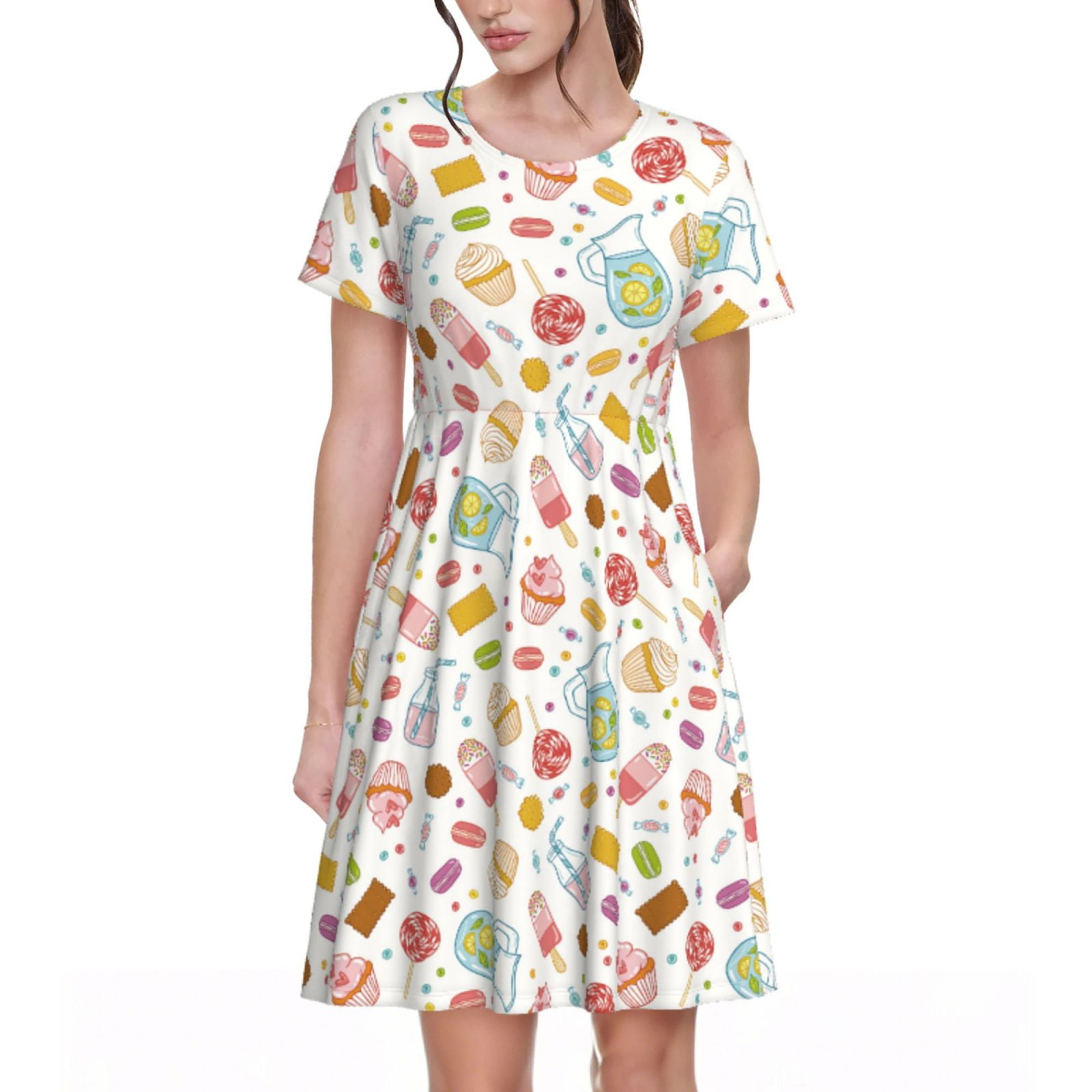 Bingfone Dessert Print Women’s Short Sleeve Dress, Comfortable Casual ...