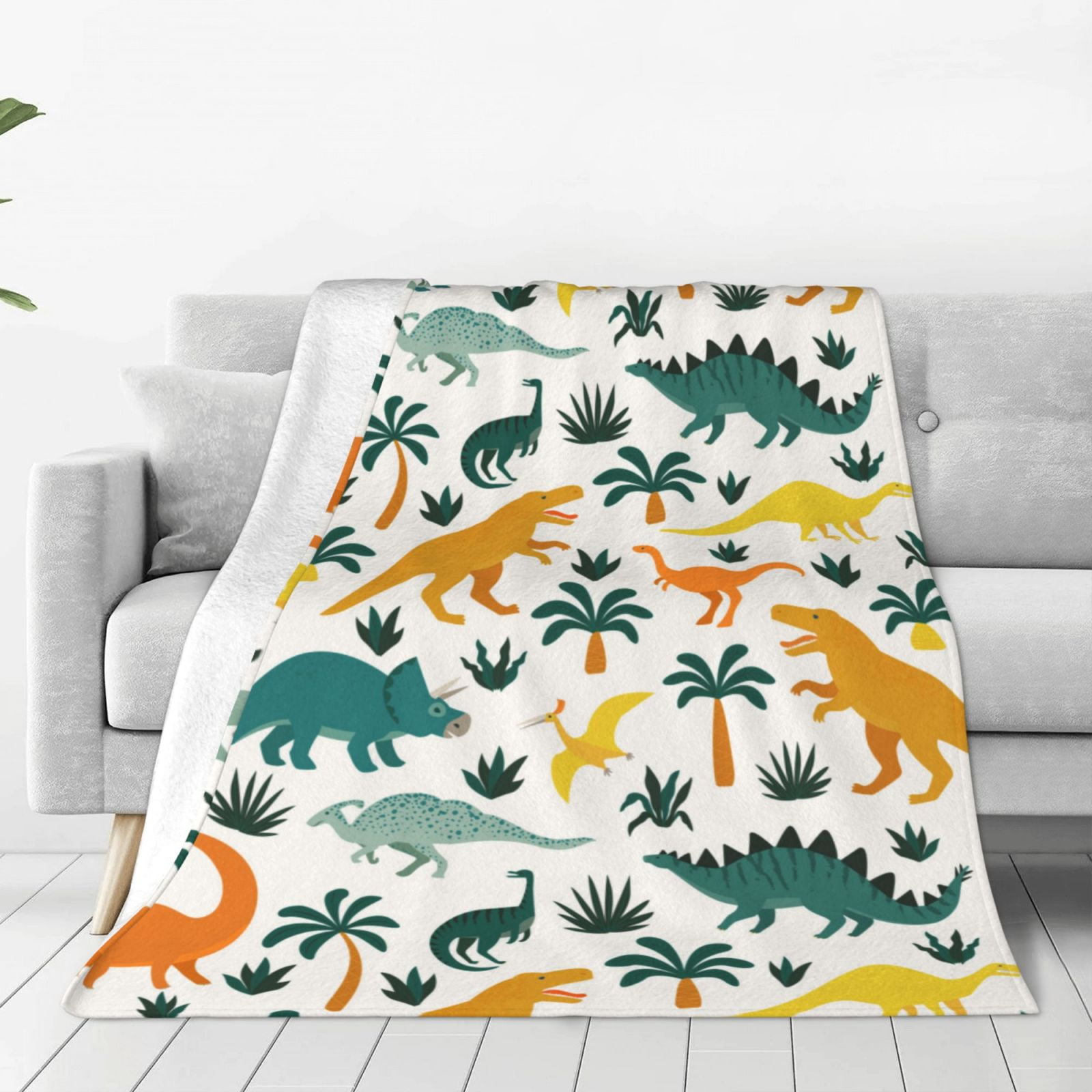 Bingfone Dinosaurs And Tropical Leaves Print Flannel Fleece Blanket ...