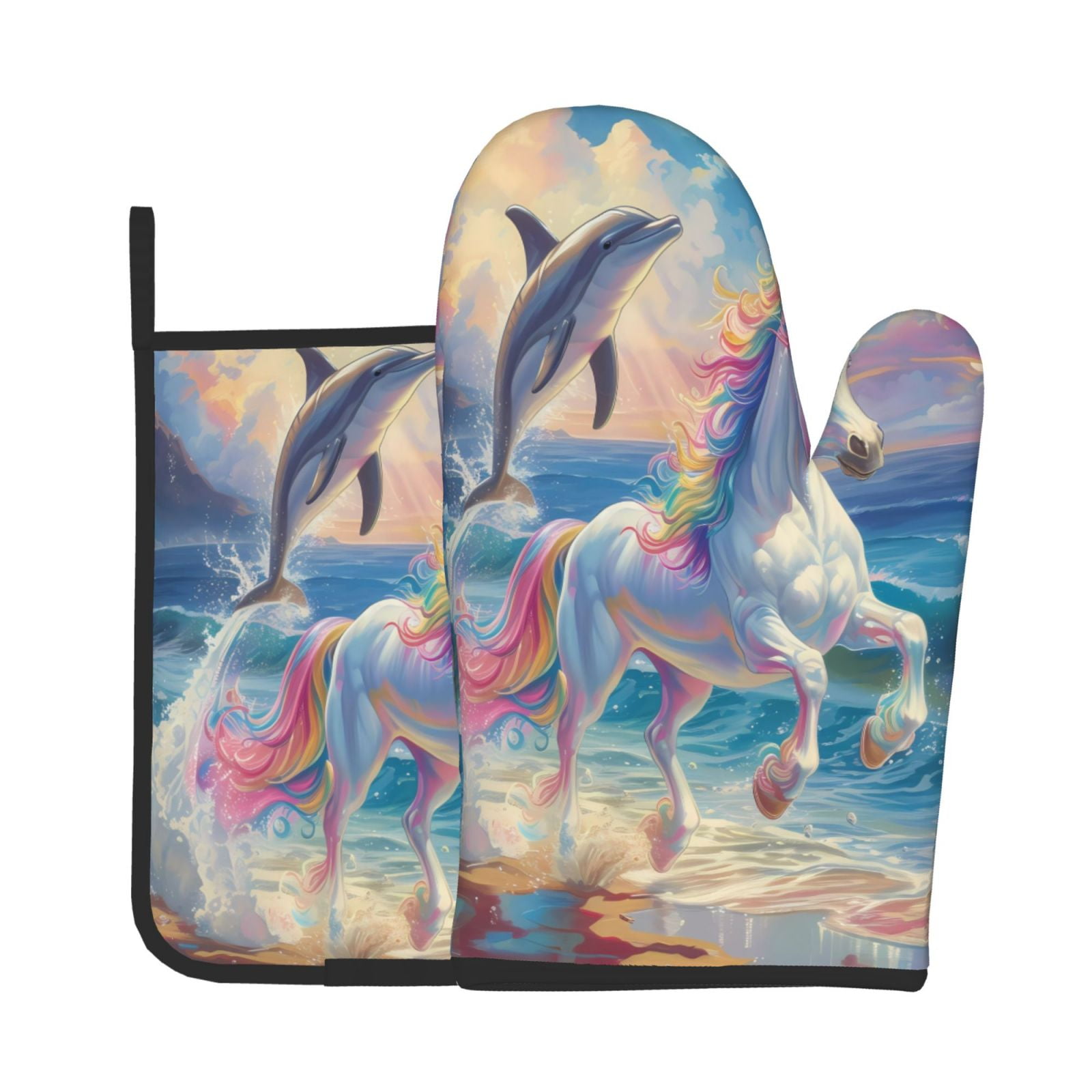 Bingfone Dolphin Rainbow Horse Print Oven Mitts Pot Holders Set 2 PCS ...