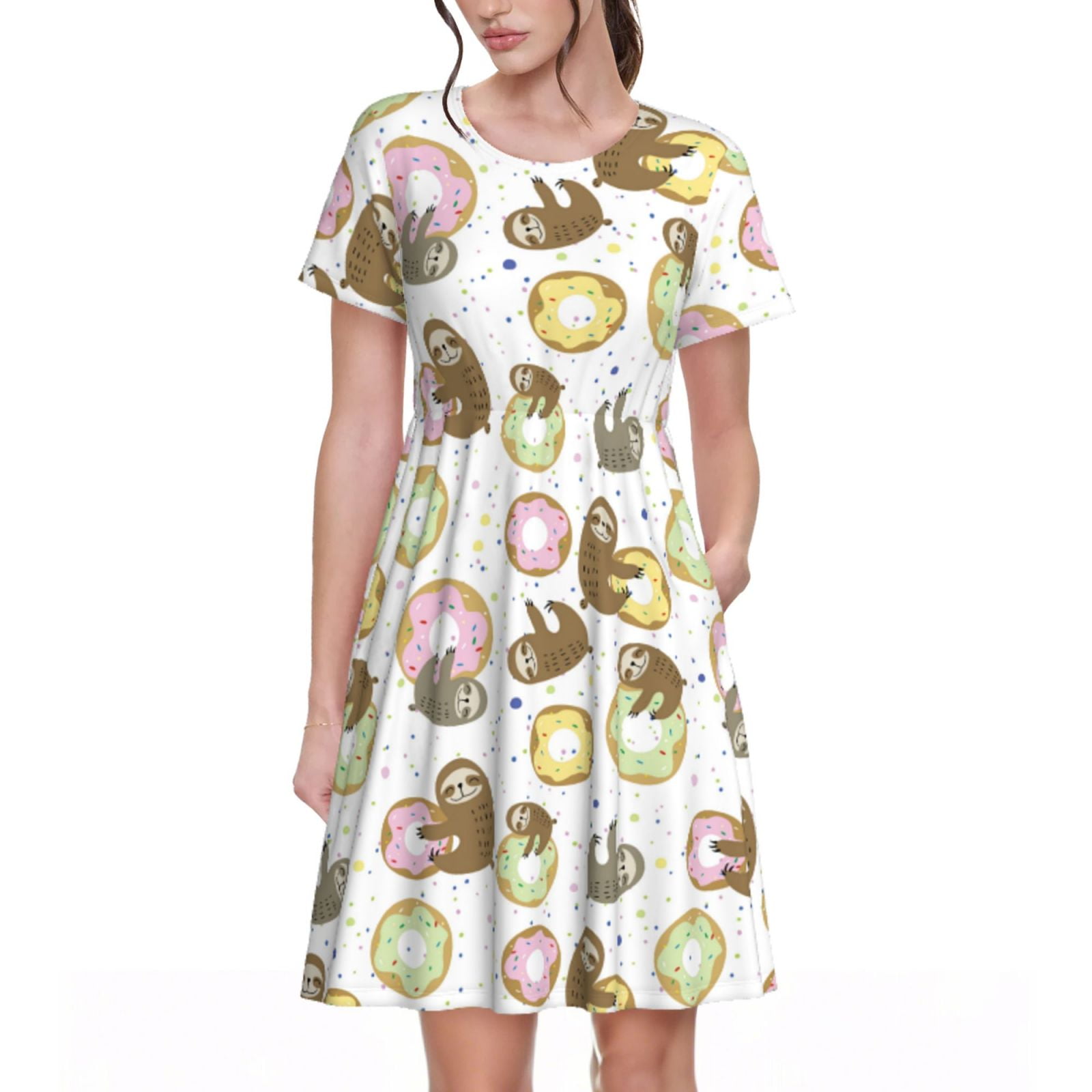 Bingfone Donut Sloth Print Women’s Short Sleeve Dress, Comfortable ...