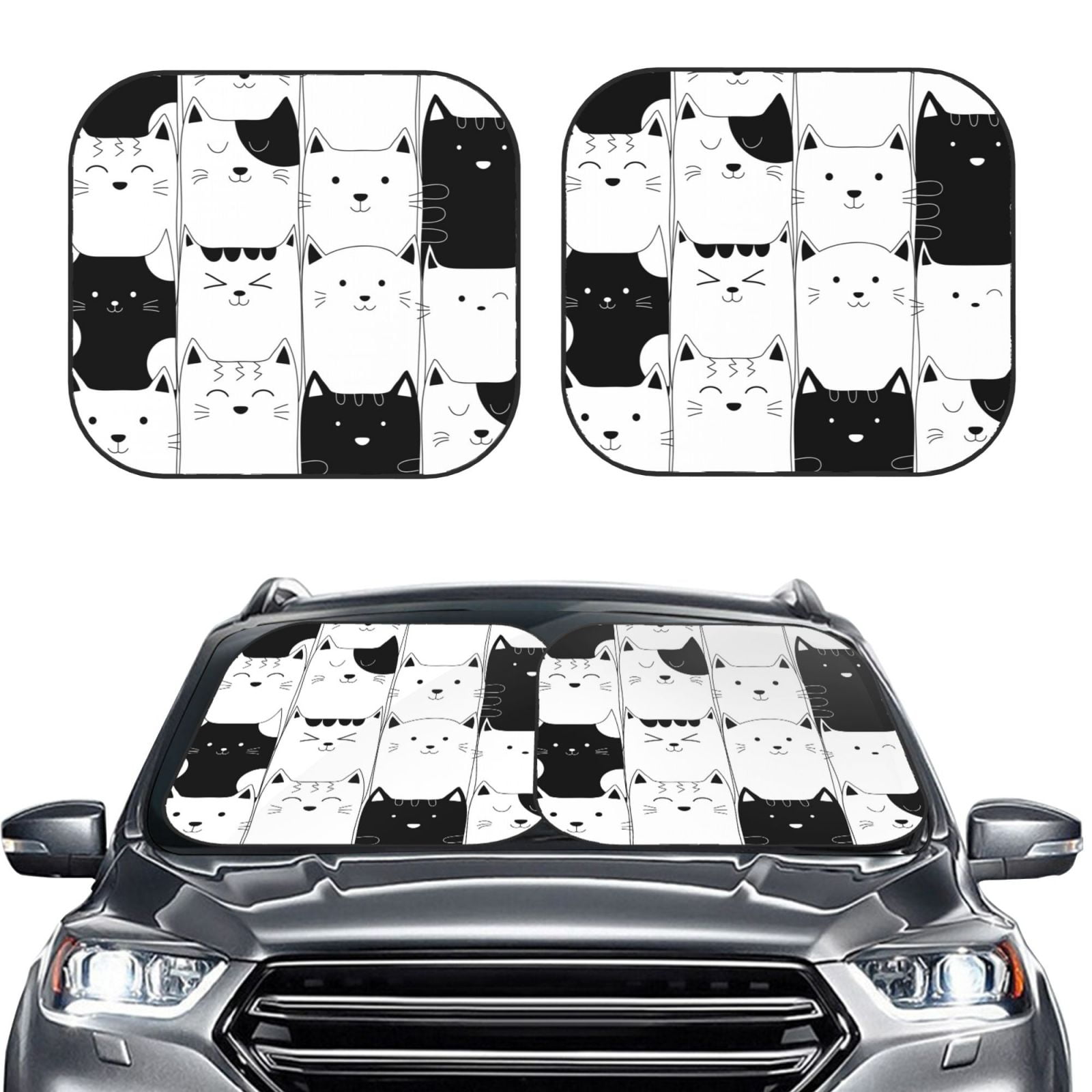 Bingfone Doodle Cute Cat Windshield Sun Shade 2-Piece Foldable Car ...