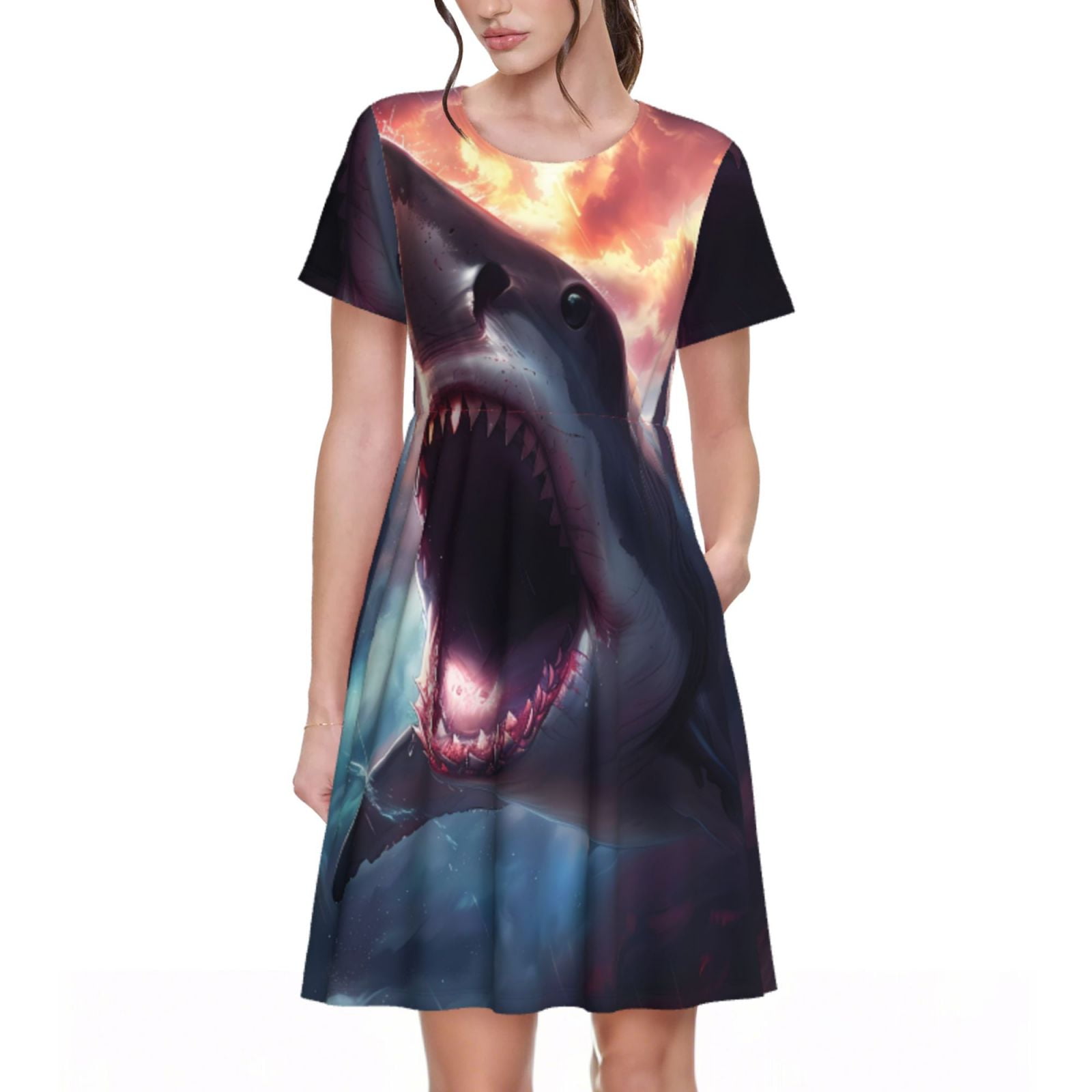 Bingfone Dramatic Shark Attack Print Women’s Short Sleeve Dress ...