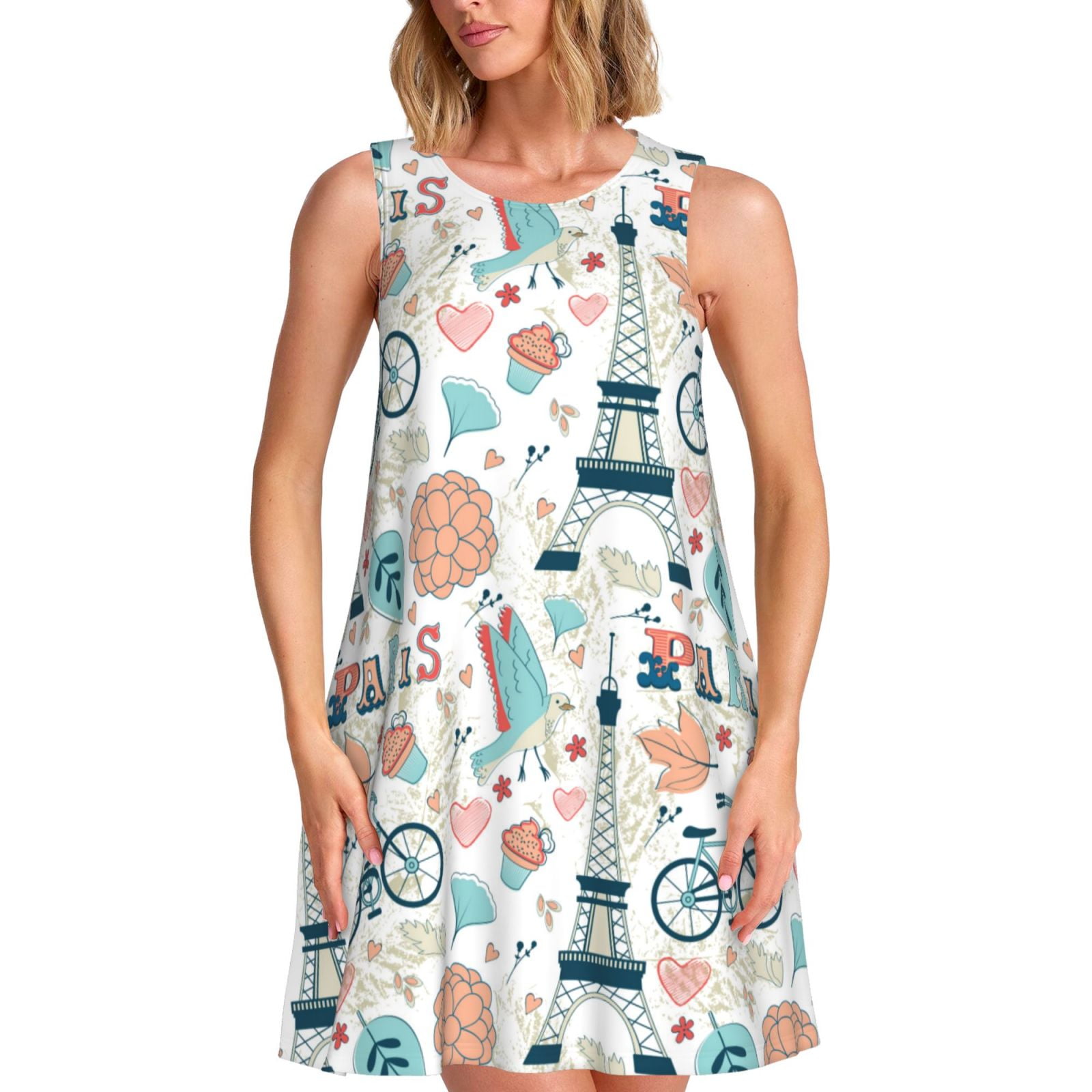 Bingfone Eiffel Tower Print Women's Sleeveless Dress, Loose Fit Summer ...