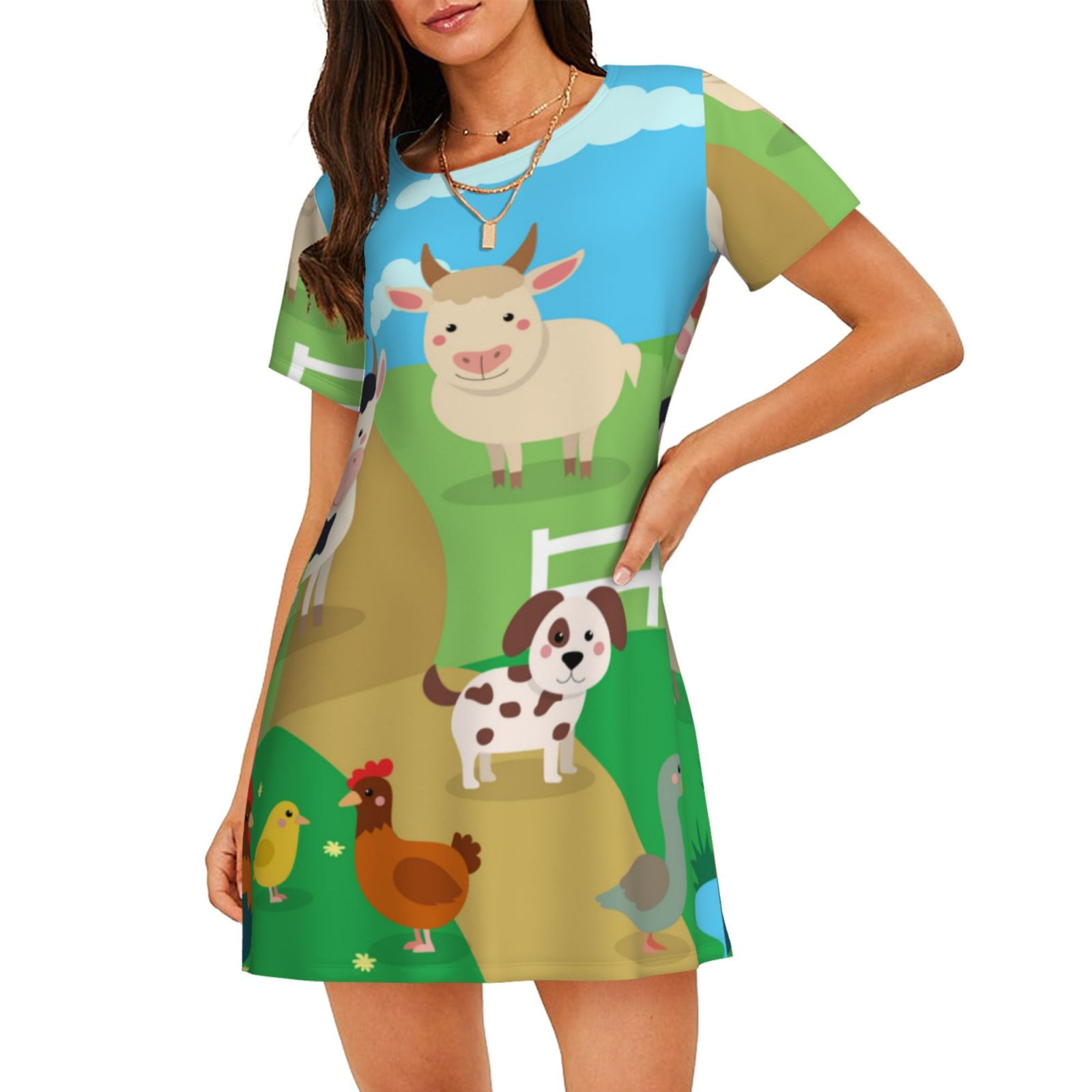 Bingfone Farm Animals Nightgowns for Women Sleep Shirts Short Sleeve ...
