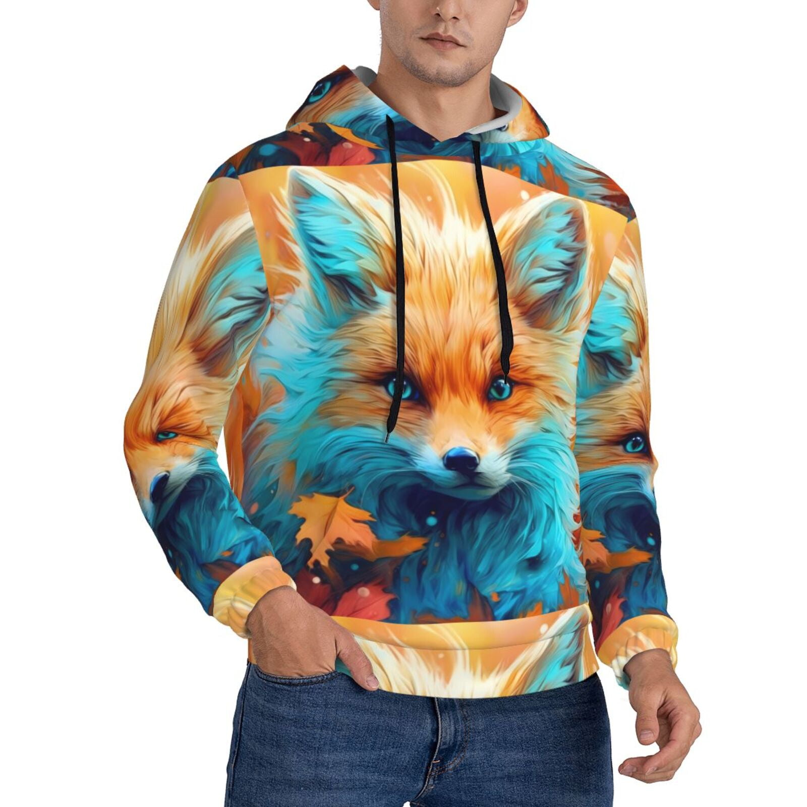 Bingfone Fiery Red Maple Leaf Fox Men's Drawstring Hoodie Long Sleeve ...
