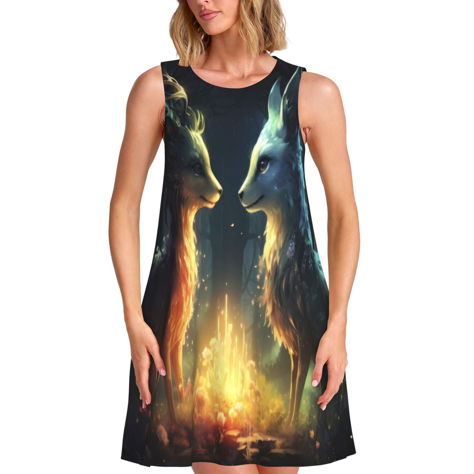 Bingfone Firefly Forest Fox Print Women's Sleeveless Dress, Loose Fit ...