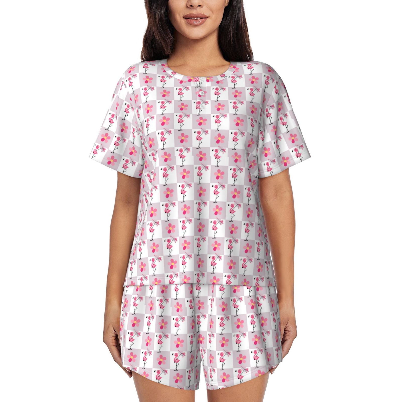 Bingfone Flamingo On Checkered Print Pajamas Sets for Women Soft Short ...