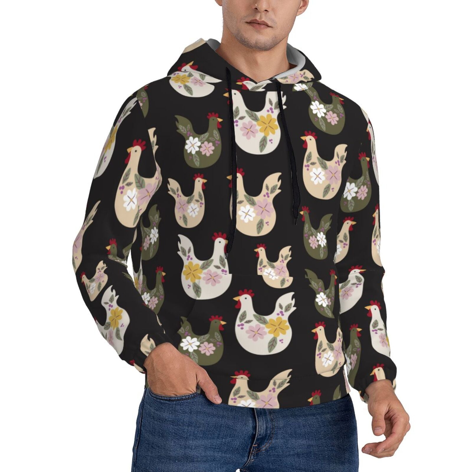 Bingfone Flowe Rooster Men's Drawstring Hoodie Long Sleeve Pocket ...