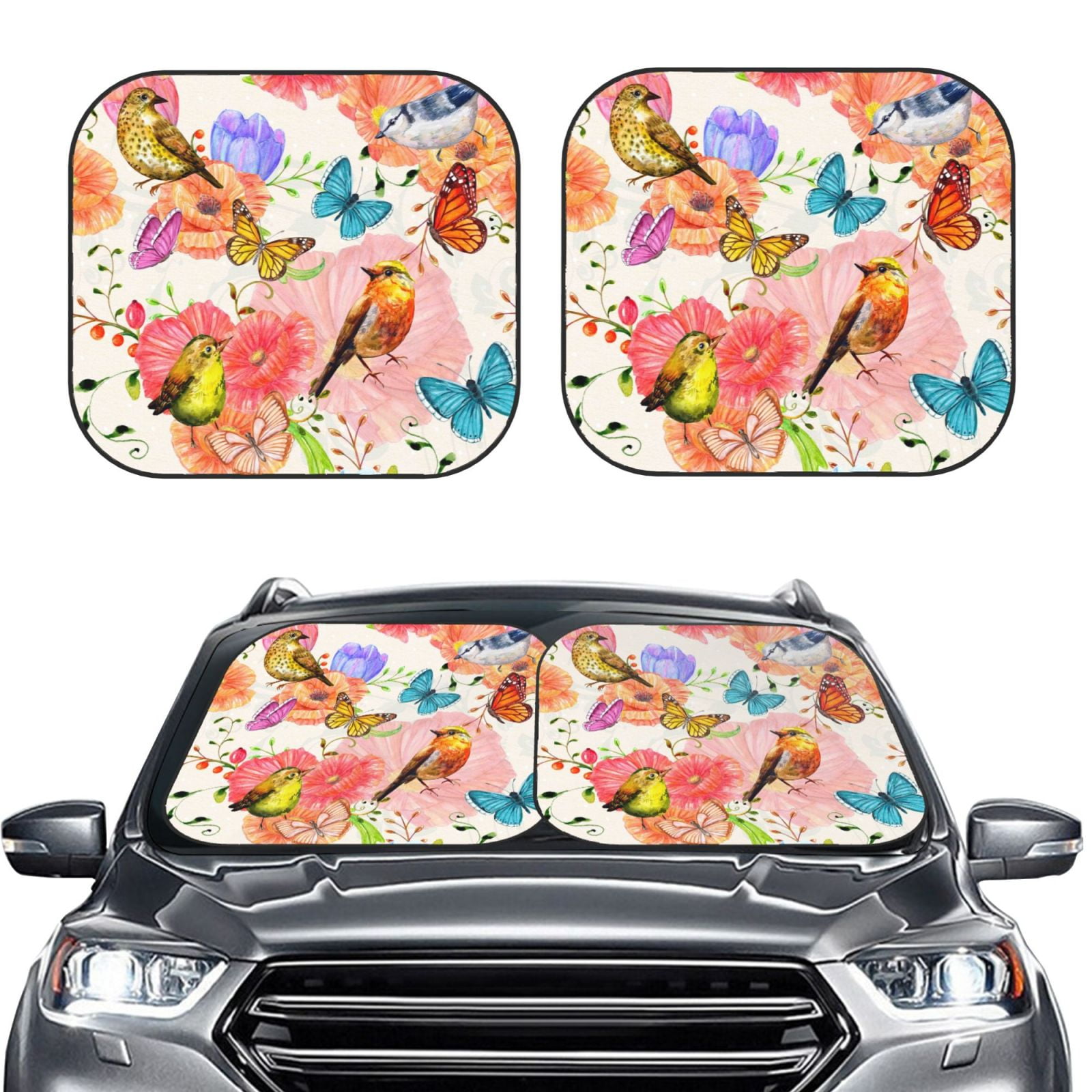 Bingfone Flowers And Birds Watercolor Print 2-Piece Sun Shade Front ...