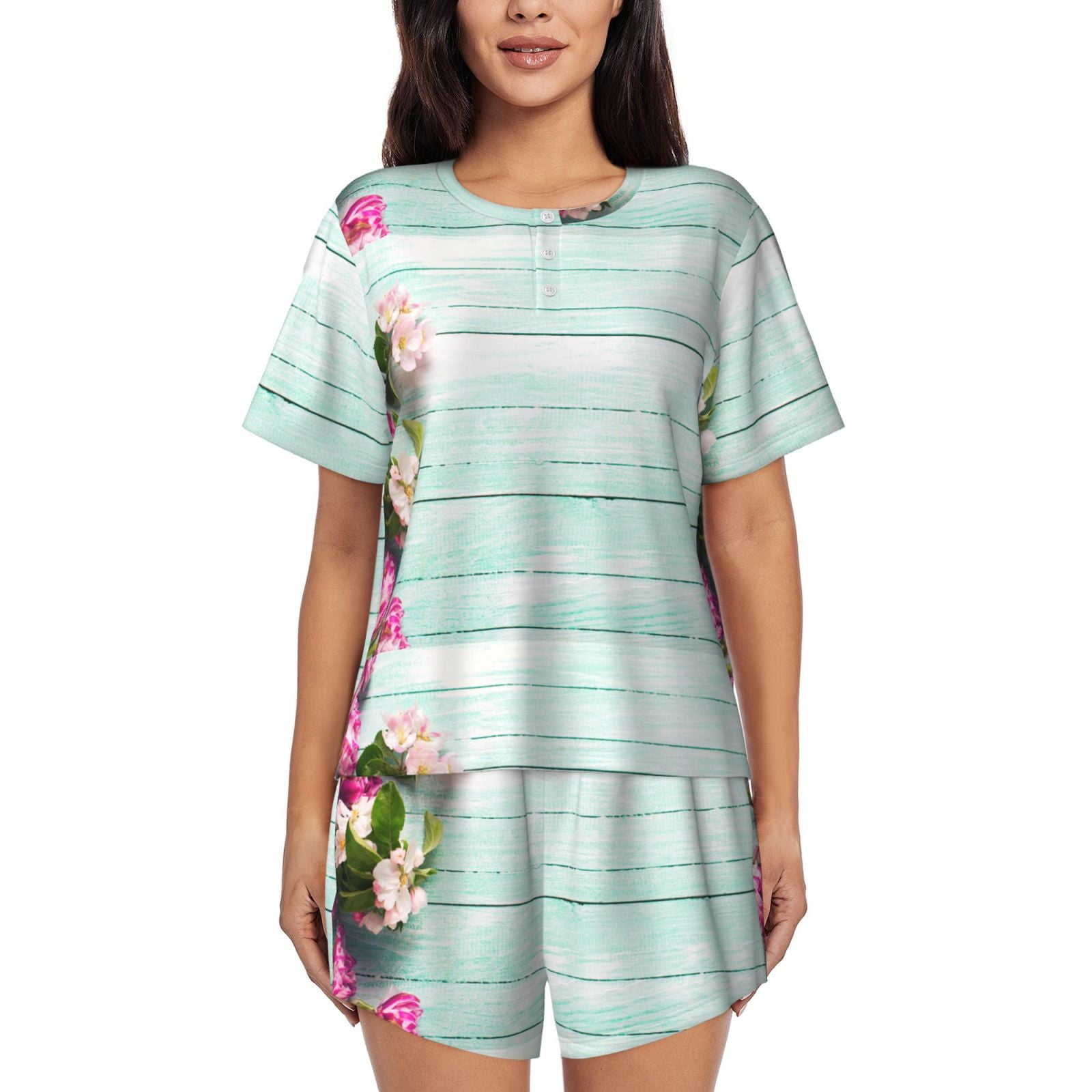 Bingfone Flowers And Turquoise Wooden Print Pajamas Sets for Women Soft ...