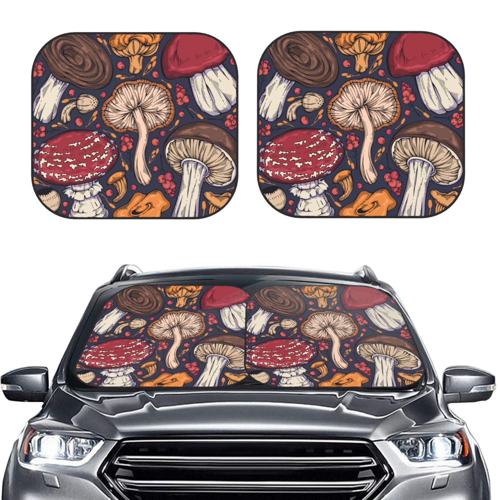 Bingfone Forest Wild Mushroom Windshield Sun Shade 2-Piece Foldable Car ...