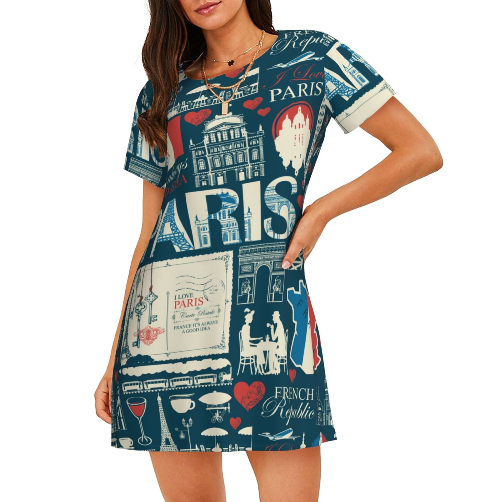 Bingfone France and Paris Nightgowns for Women Sleep Shirts Short Sleeve Nightshirt Pullover ...