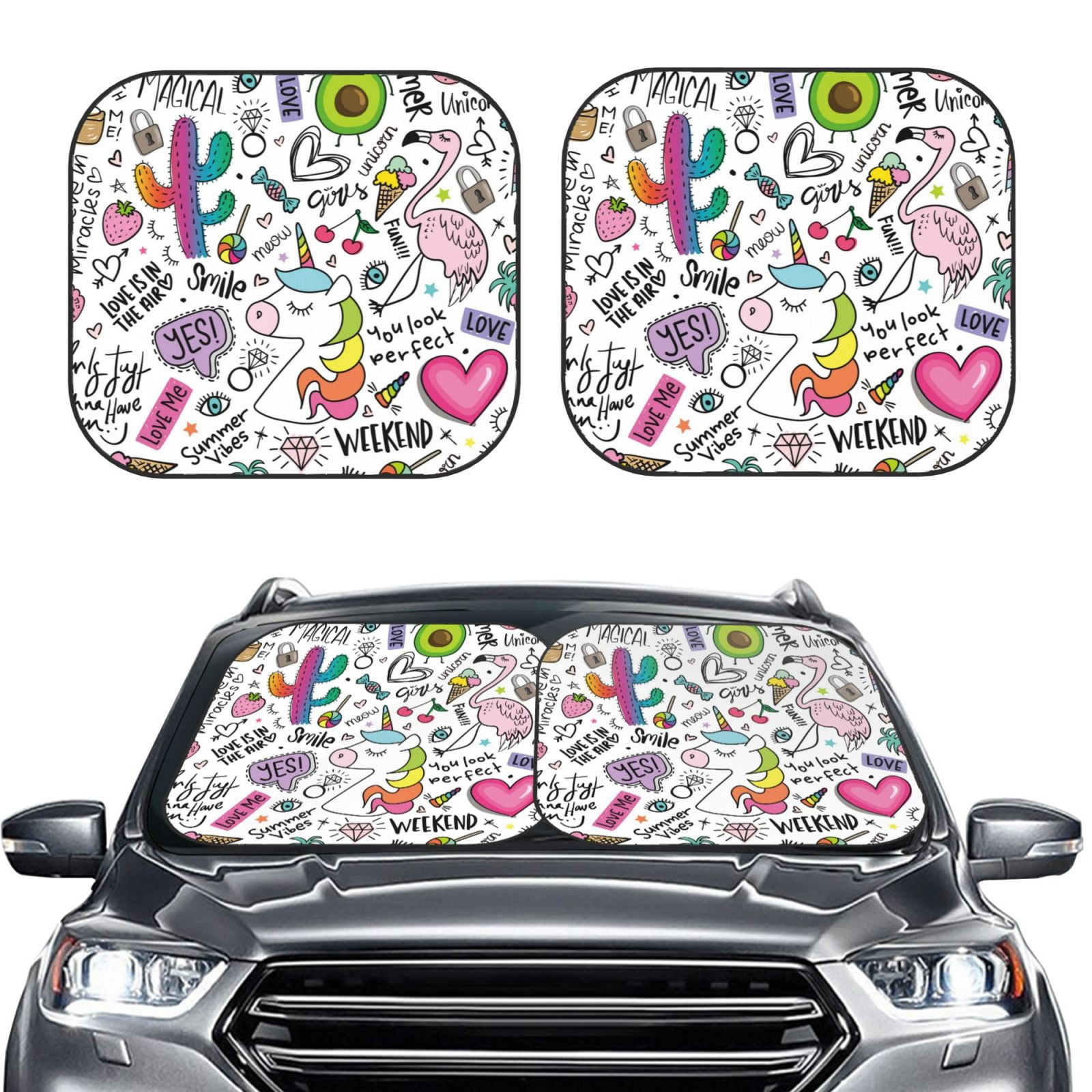 Bingfone Fun Animal With Unicorn Windshield Sun Shade 2-Piece Foldable Car Front Window Sunshade ...
