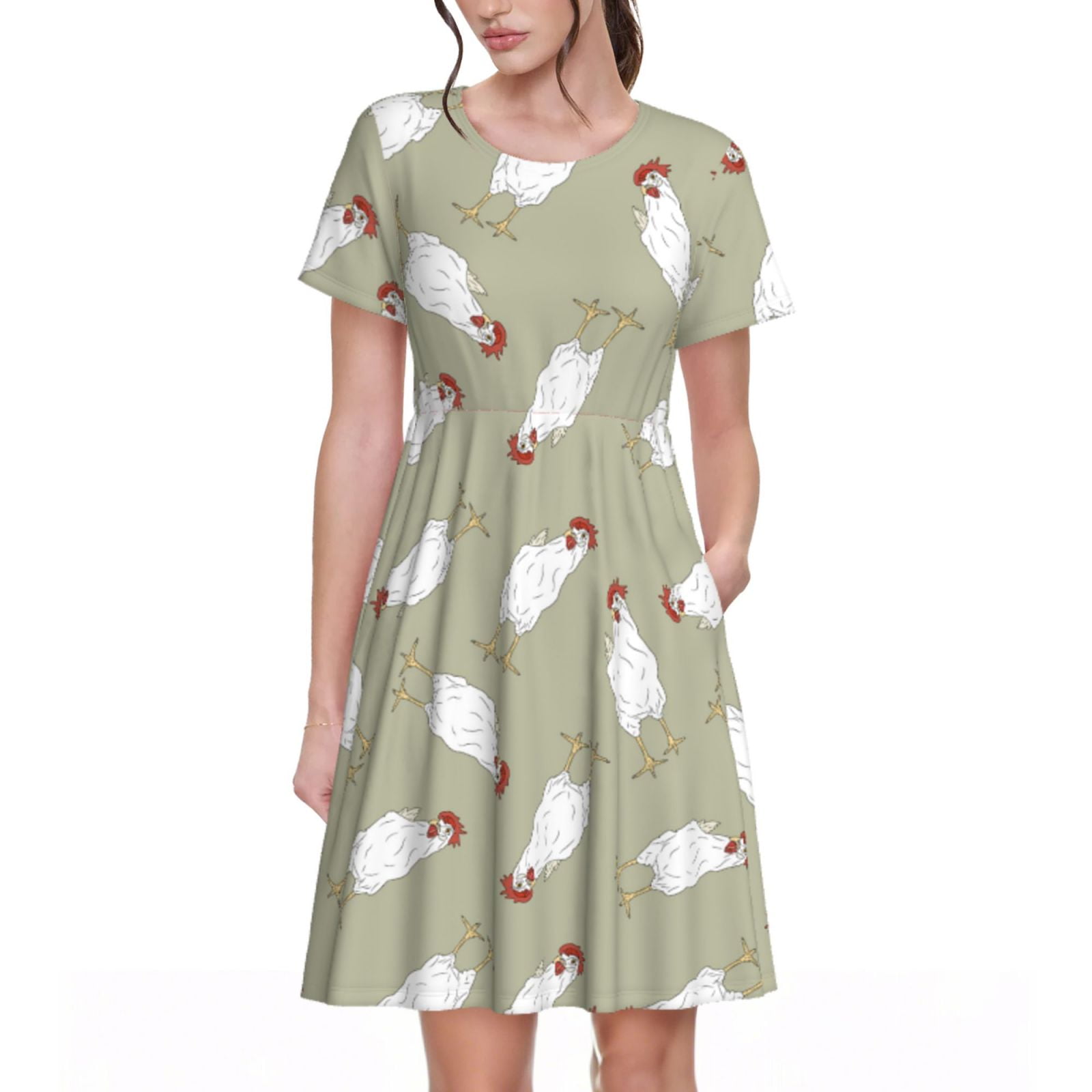 Bingfone Funny Chicken Print Women’s Short Sleeve Dress, Comfortable ...
