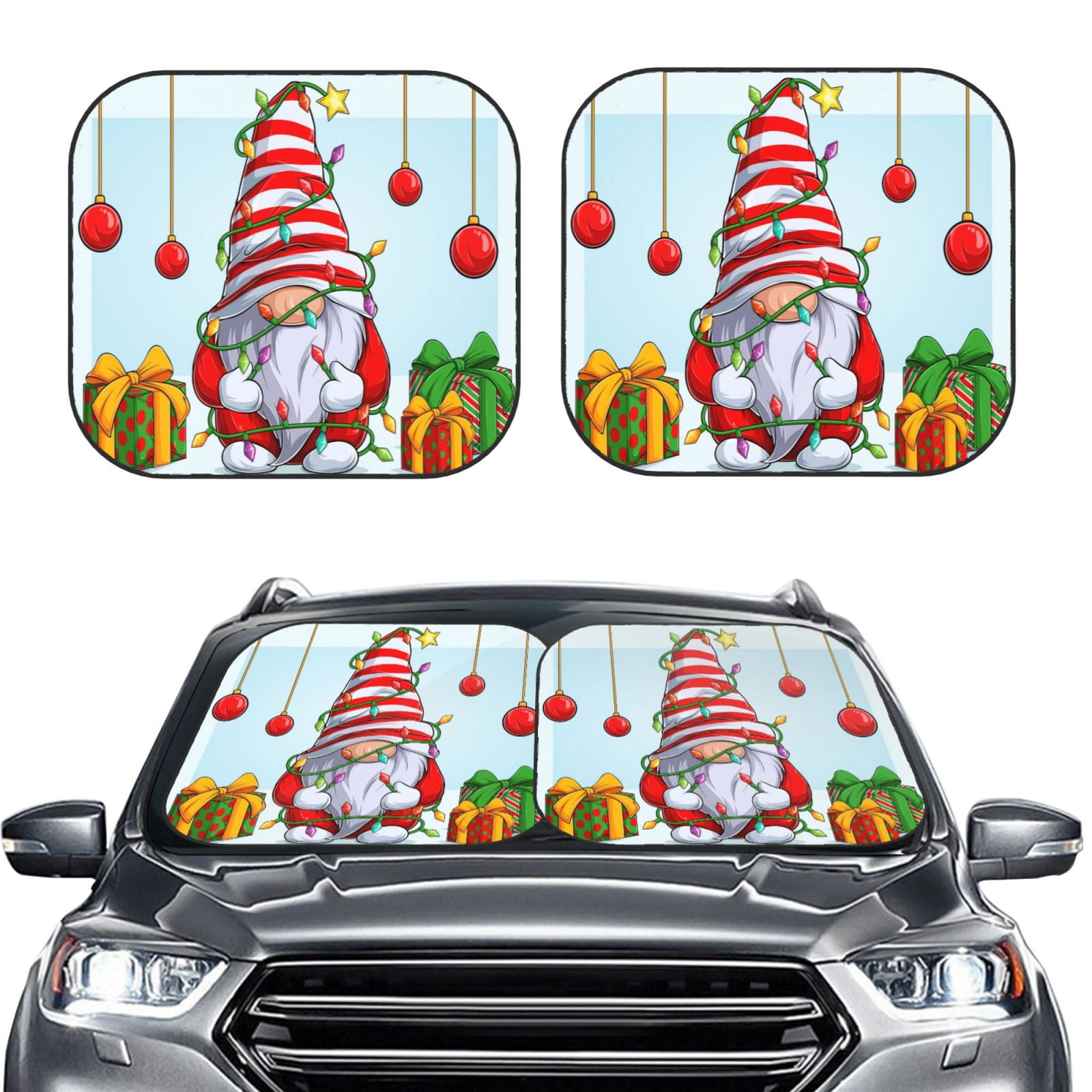 Bingfone Funny Christmas Gnome Print 2-Piece Sun Shade Front Windshield ...