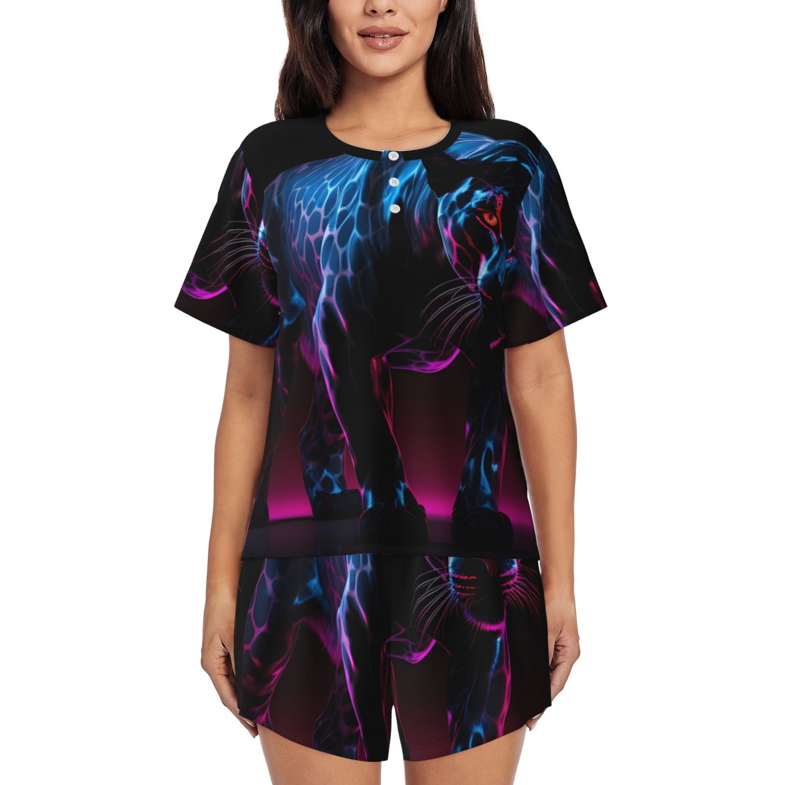 Bingfone Futuristic Purple Panther Print Pajamas Sets for Women Soft ...
