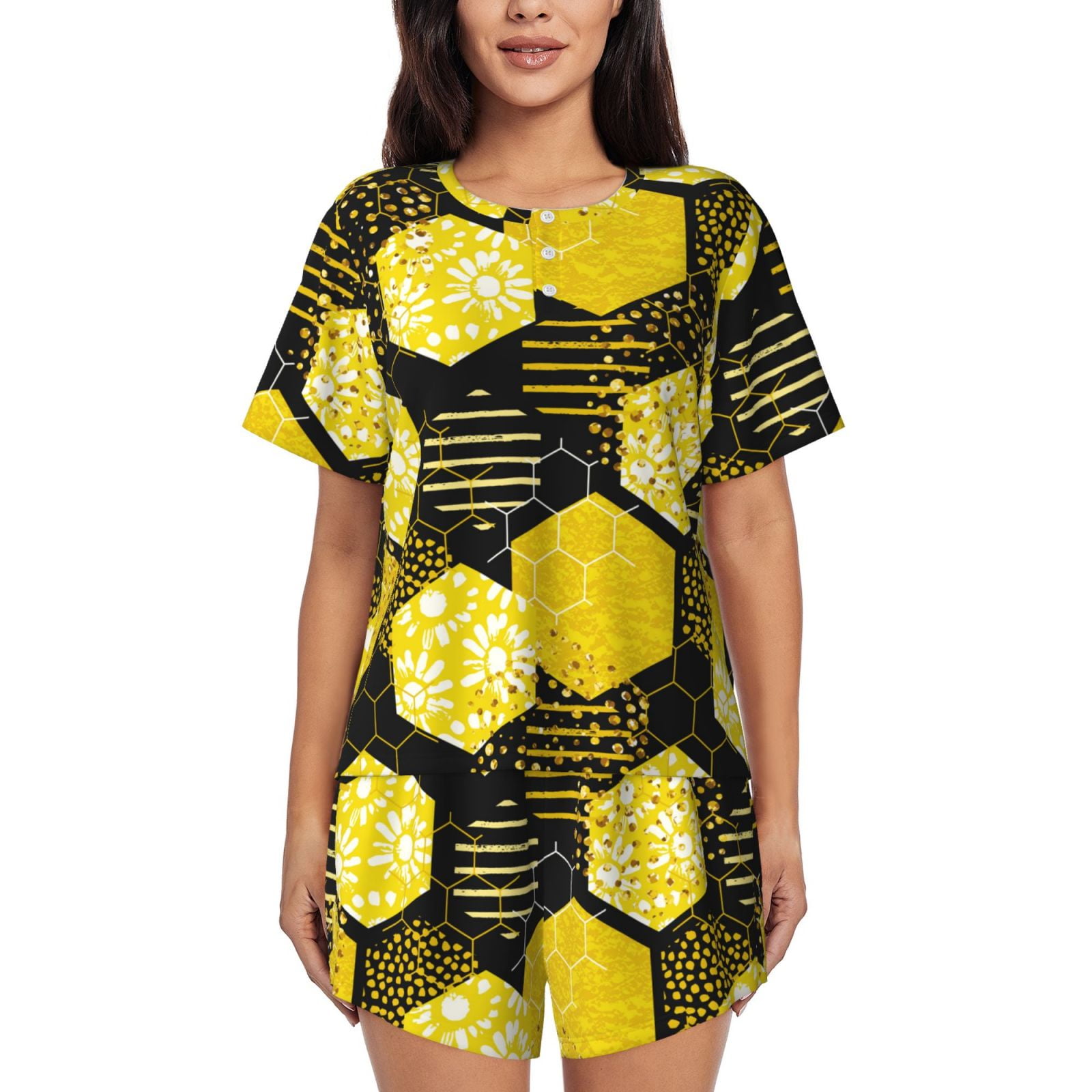Bingfone Geometric Pattern with Bee Print Pajamas Sets for Women Soft ...