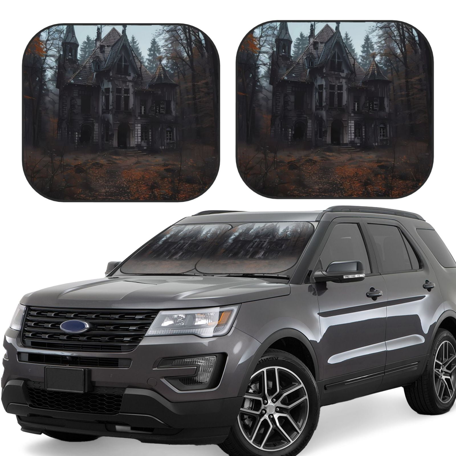 Bingfone Gloomy Mansion Forest Scene Windshield Sun Shade 2-Piece ...